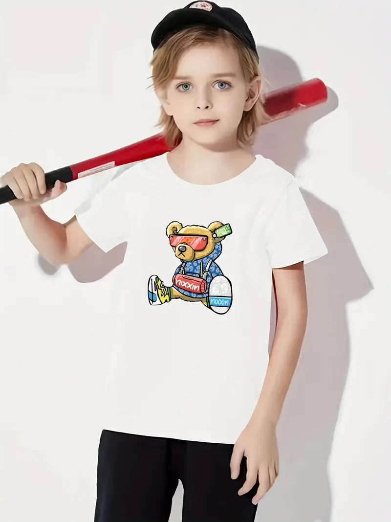 クールベアプリントtシャツ 子供用ボーイズティーズ 夏春秋に適したカジュアルな半袖tシャツ ギフトとしてのトップス Temu Japan