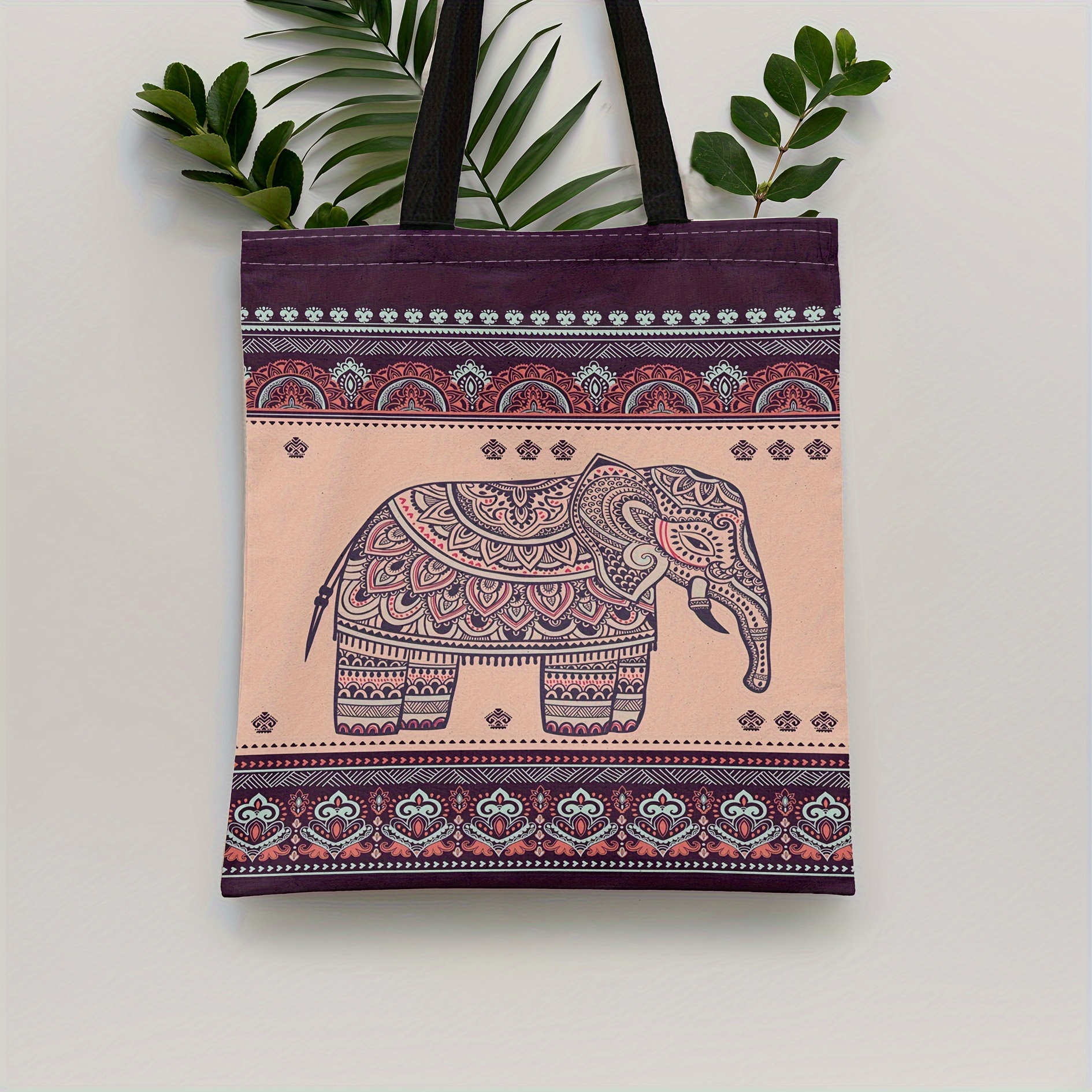 Elephant Pattern Shoulder Bag Ethnic Style Canvas Tote Bag - Temu Canada