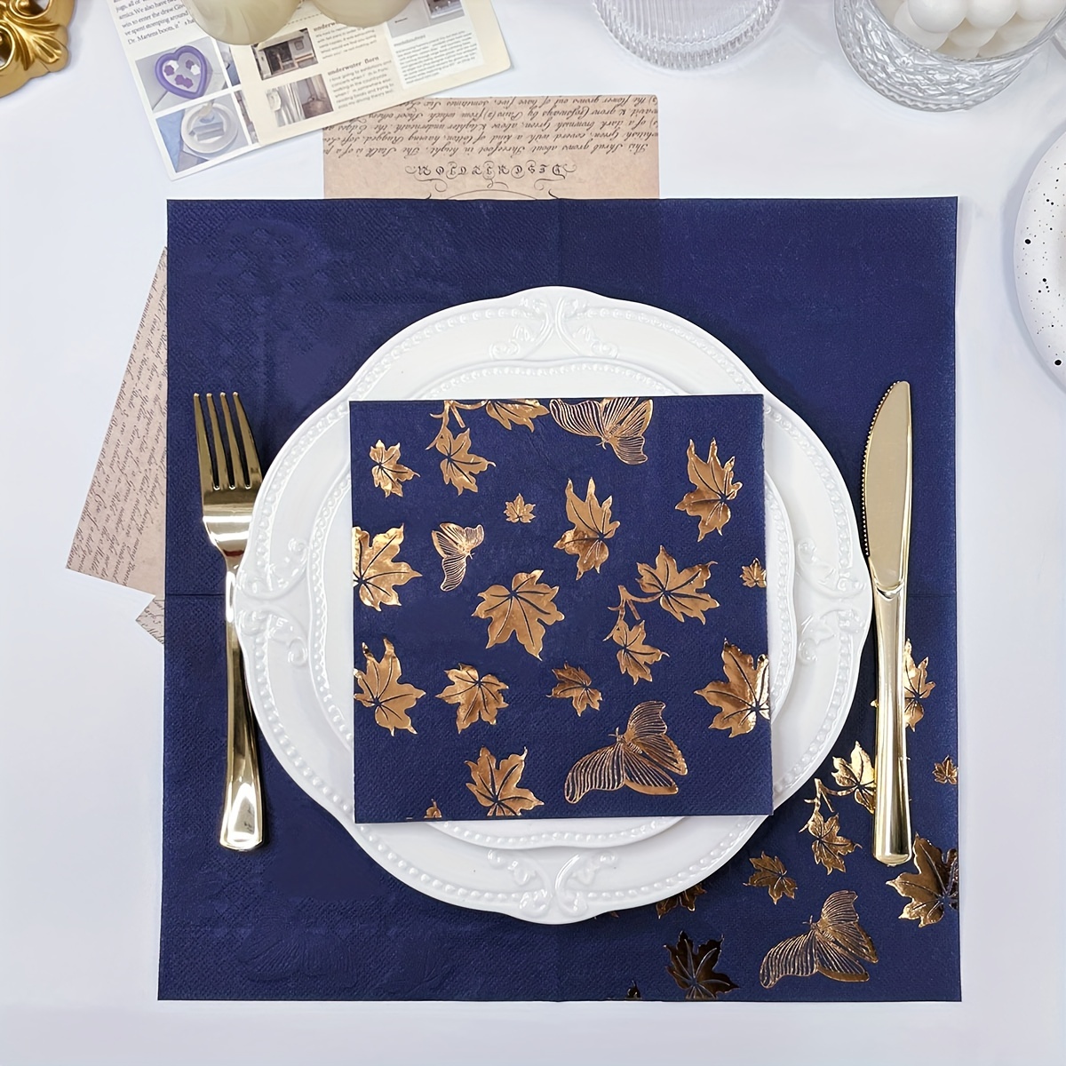 Dark Blue Bronzing Butterfly Maple Leaf Party Napkins - Temu United Kingdom