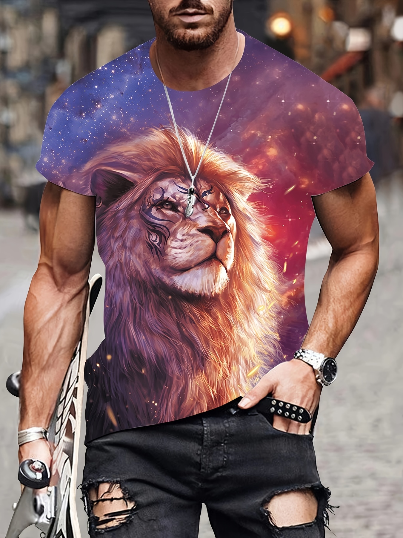 men's lion print t shirt casual crew neck short sleeve - Temu Australia