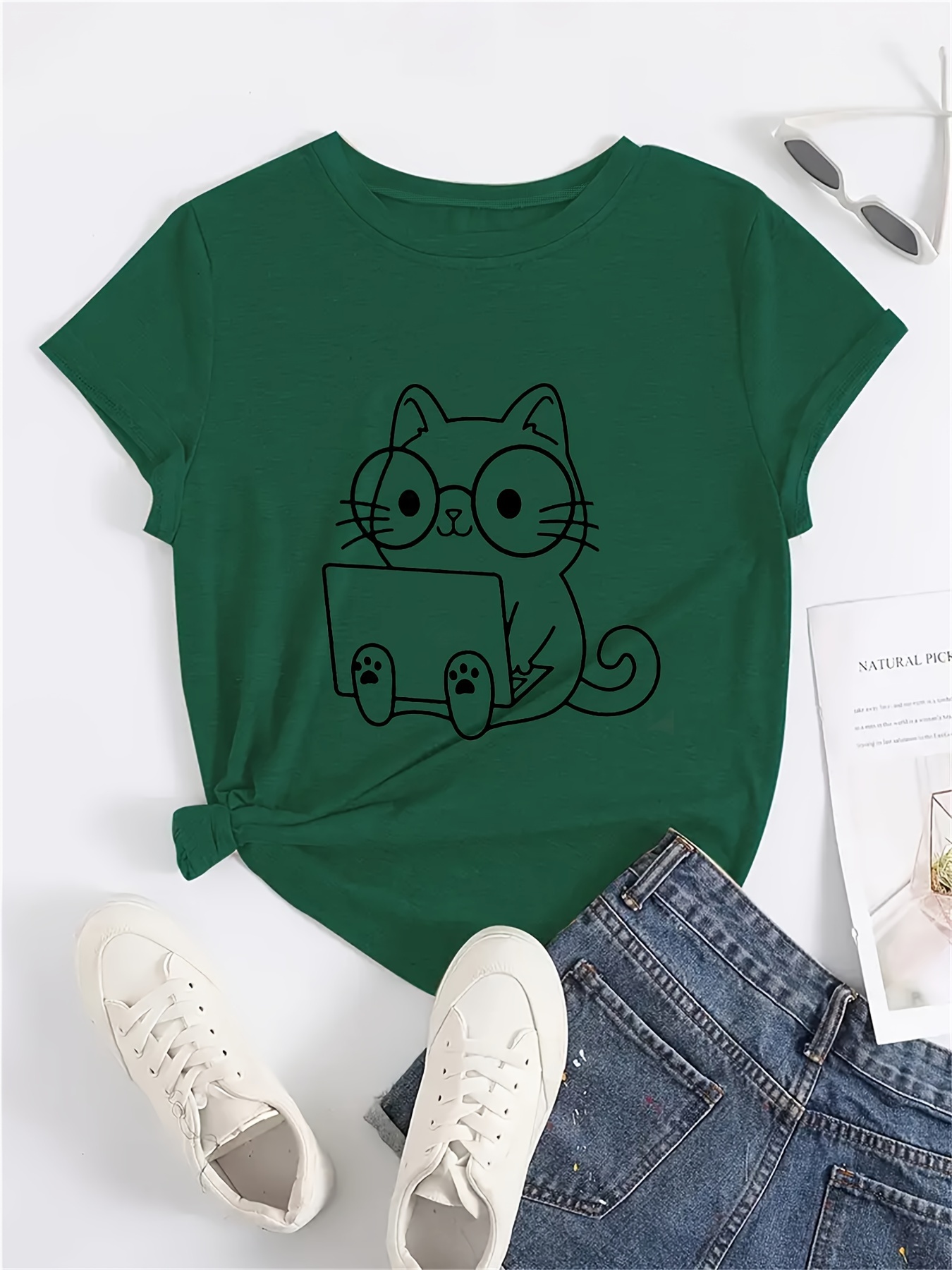 Plus Size Cat Print T shirt Short Sleeve Crew Neck Casual - Temu Canada
