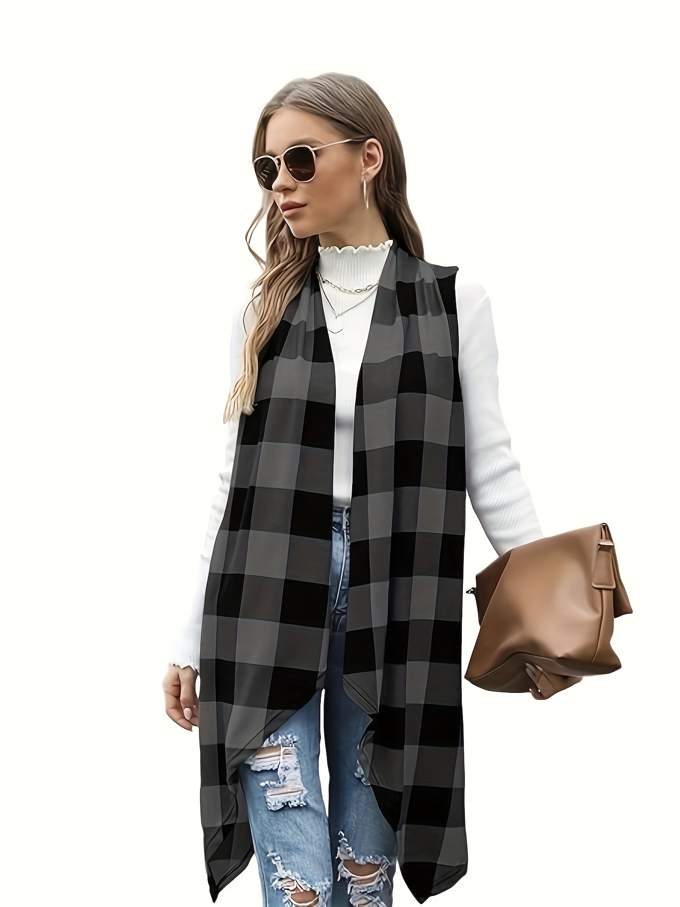 Print Open Front Cardigan Long Sleeve Sleeveless - Temu Canada