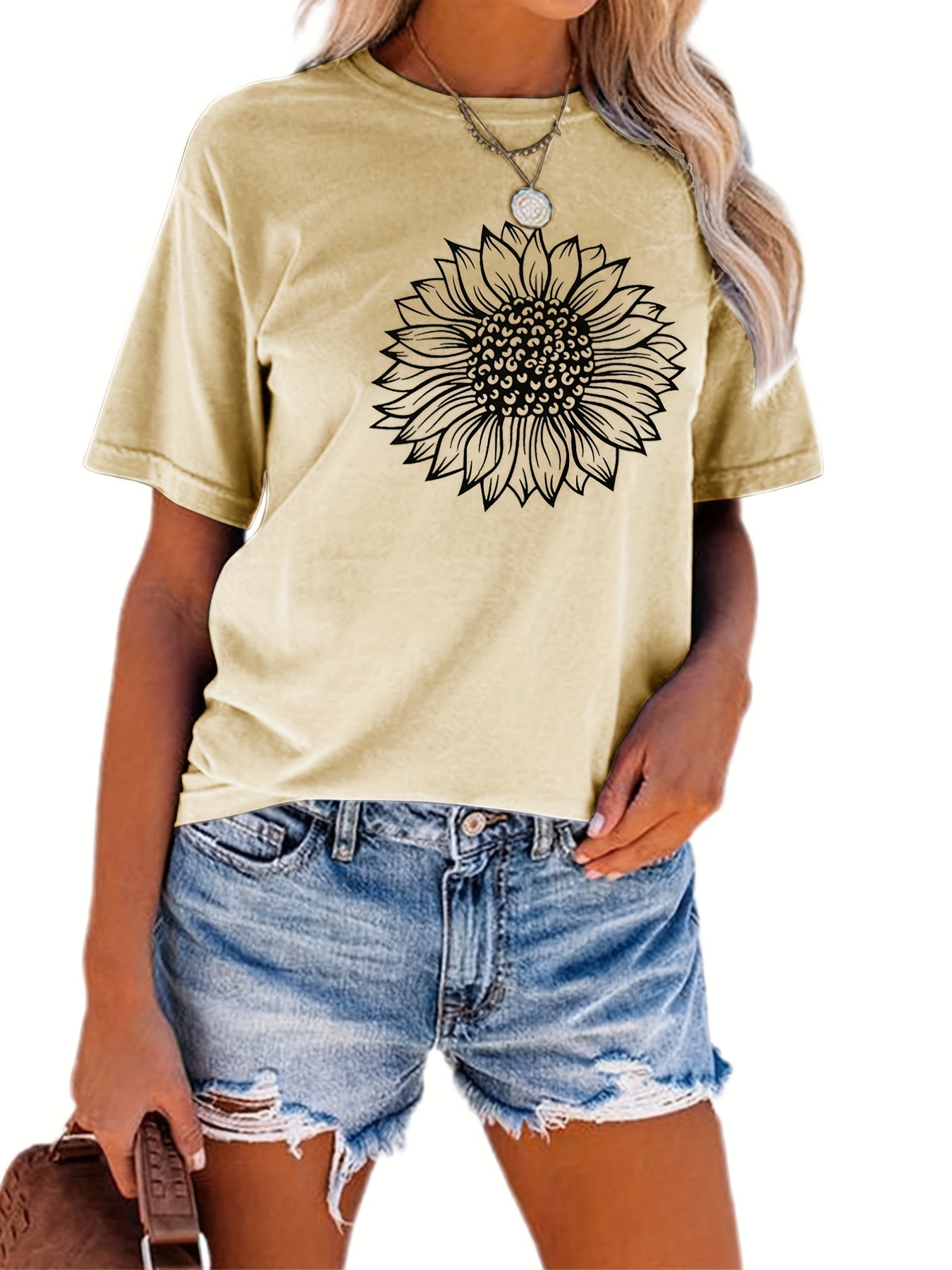 Sunflower Print T shirt Casual Crew Neck Short Sleeve Summer - Temu Australia