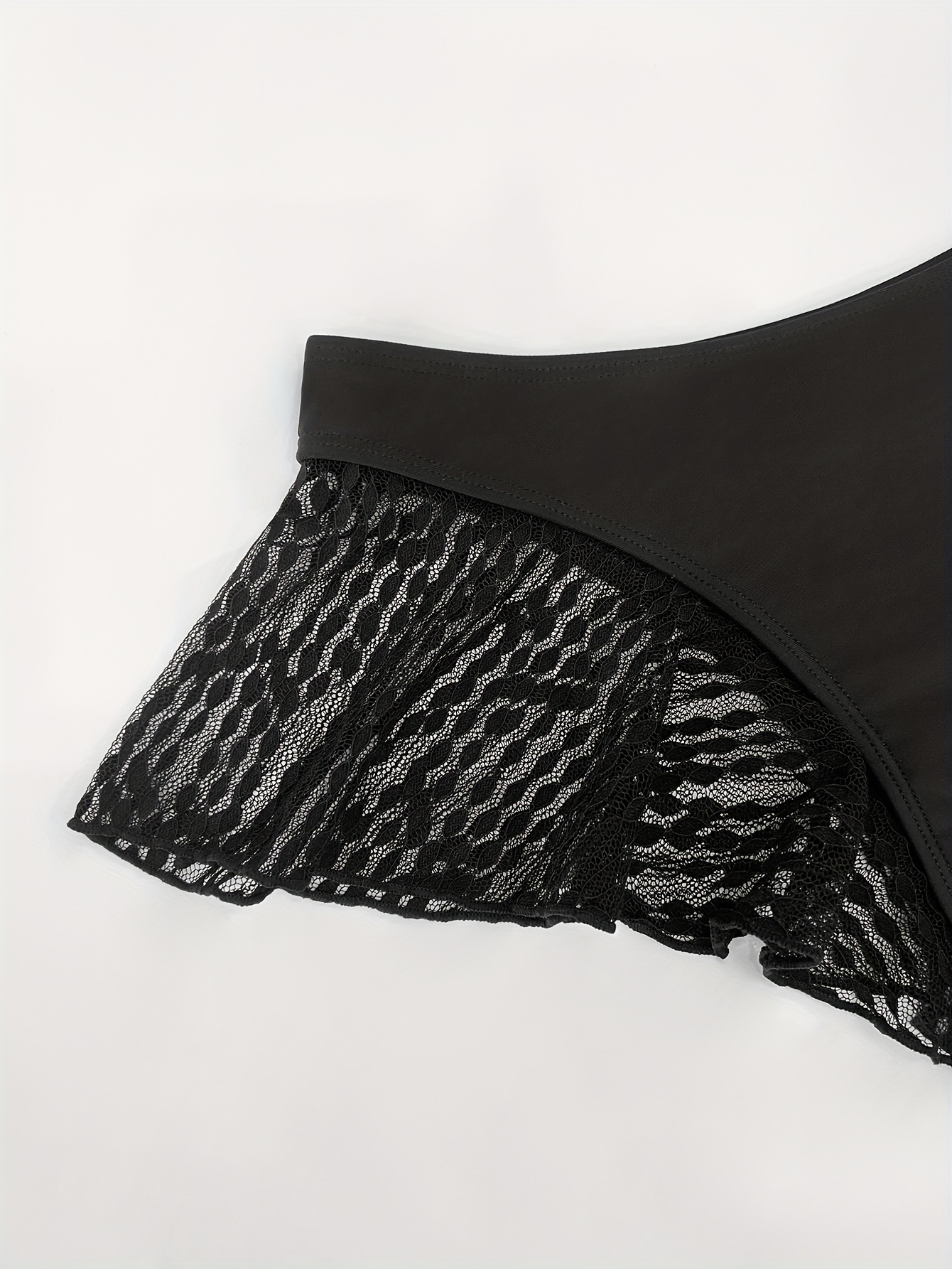 Ruffle Semi Sheer Mesh Swim Briefs Solid Black Stretchy - Temu
