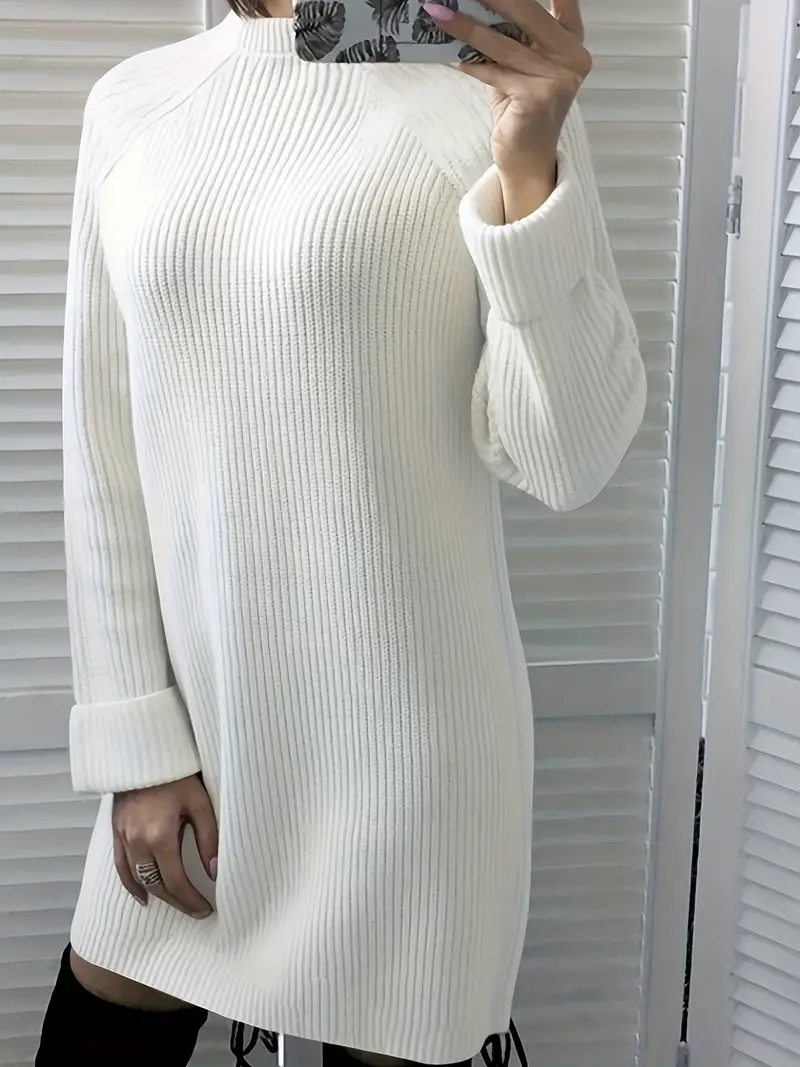 Solid Ribbed Sweater Dress Elegant Crew Neck Long Sleeve Temu Australia