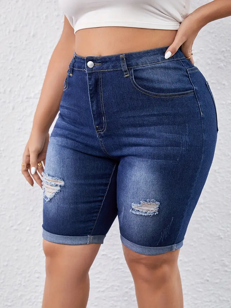 Plus Size Casual Denim Shorts Womens Plus Washed Ripped Button Up