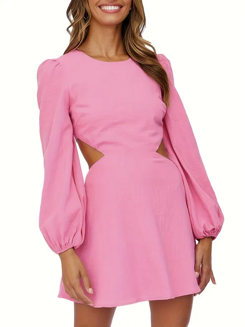Lantern Sleeve Solid Velvet Dresses Crew Neck Backless Sexy Dresses