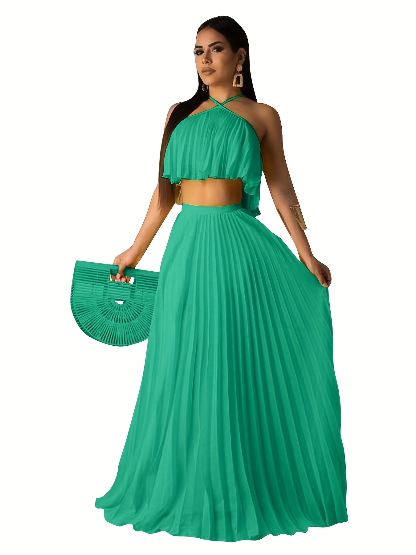 Solid Pleated Two piece Set Spaghetti Sleeveless Top High - Temu Canada