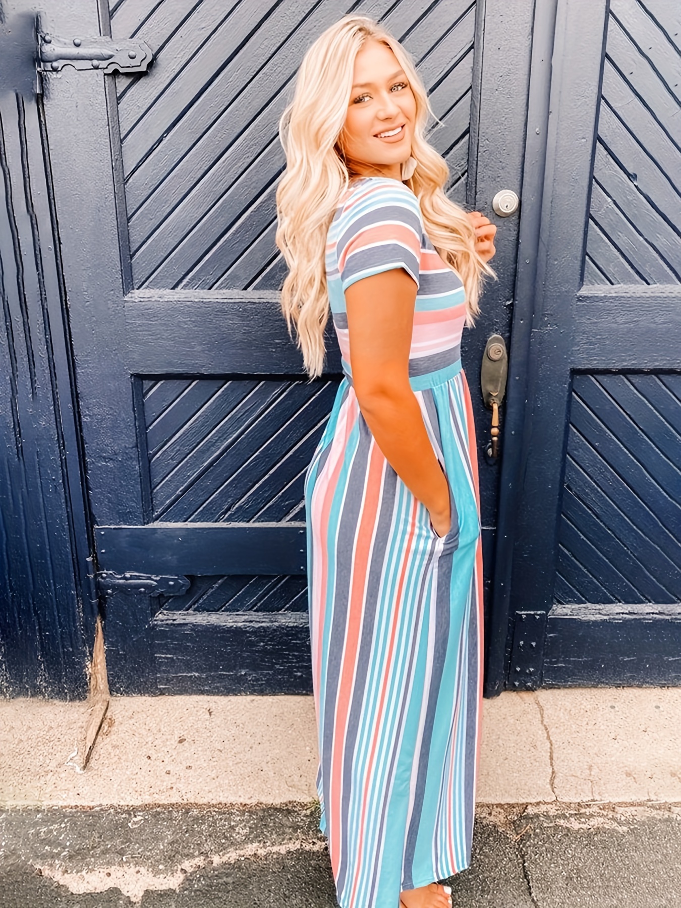 Striped Crew Neck Waist Hidden Pocket Dress Casual Short - Temu