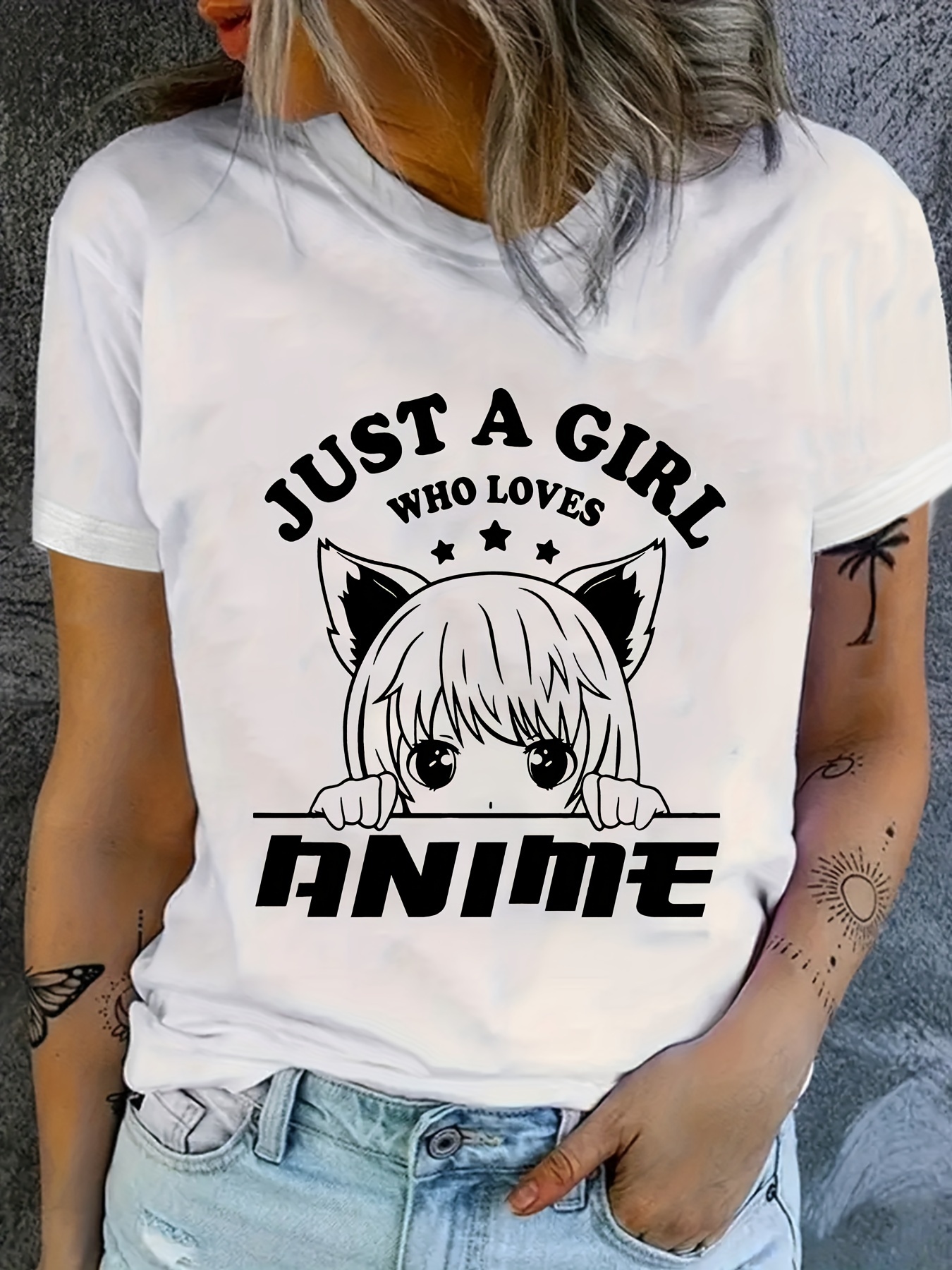 Anime Girl Letter Print T shirt Short Sleeve Crew Neck - Temu Canada