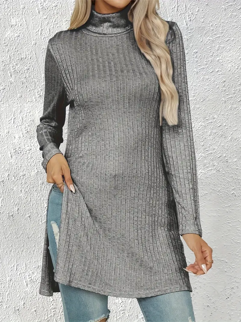 Solid Turtle Neck Rib Knit Sweater Elegant Long Sleeve Split Temu