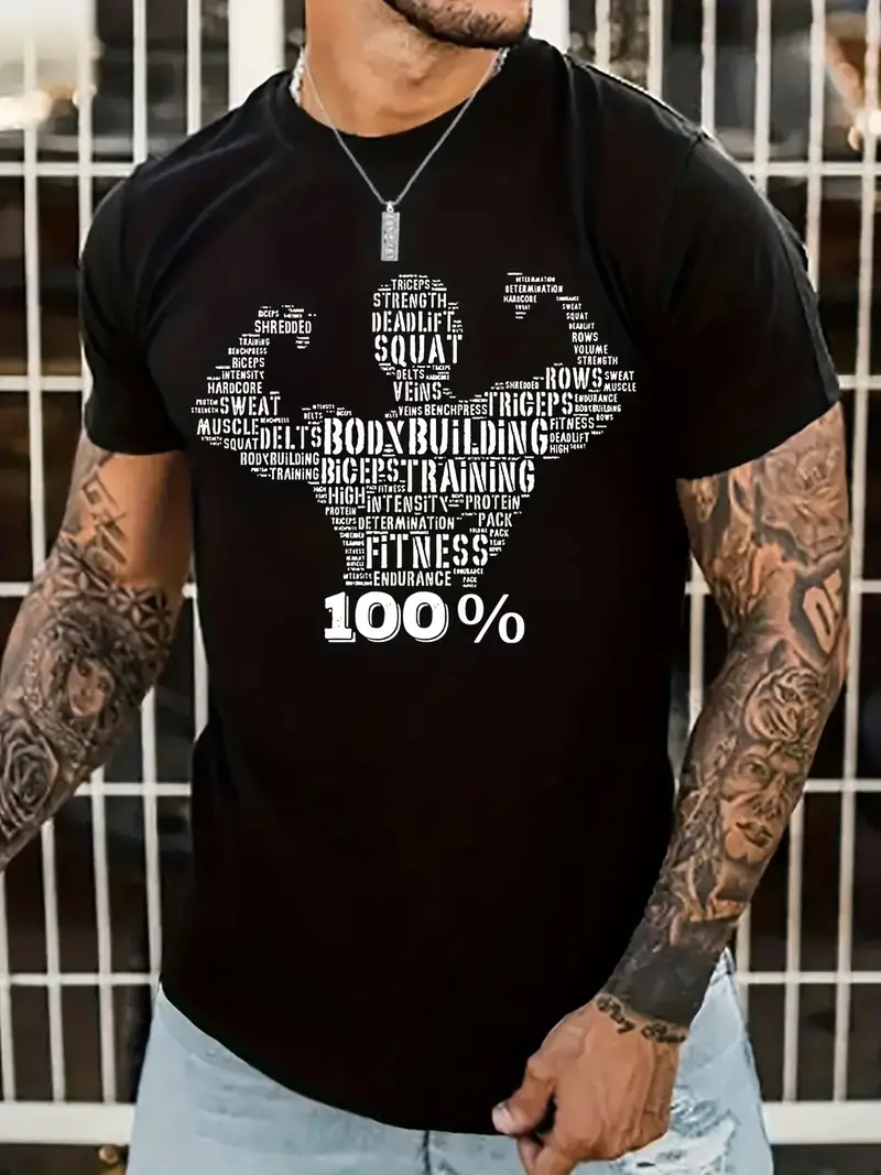 ボディビルパターンプリントメンズ快適な T シャツ グラフィック T シャツメンズ夏服 メンズ服 Temu Japan