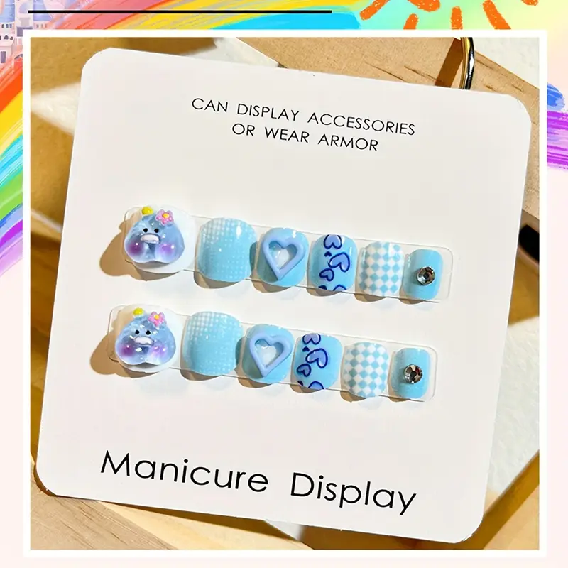 Glossy Short Oval Fake Nails Macaroon Blue Press Nails Temu