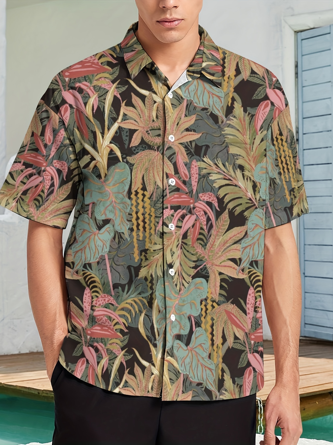 Tropical Plant Pattern Mens Casual Short Sleeve Shirt Male - Temu Australia