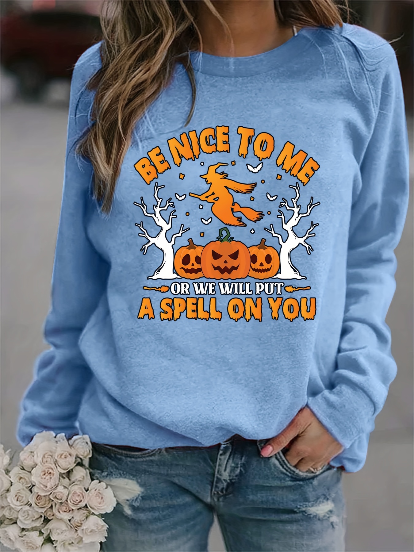 Halloween Print Sweatshirt Casual Long Sleeve Crew Neck - Temu New Zealand