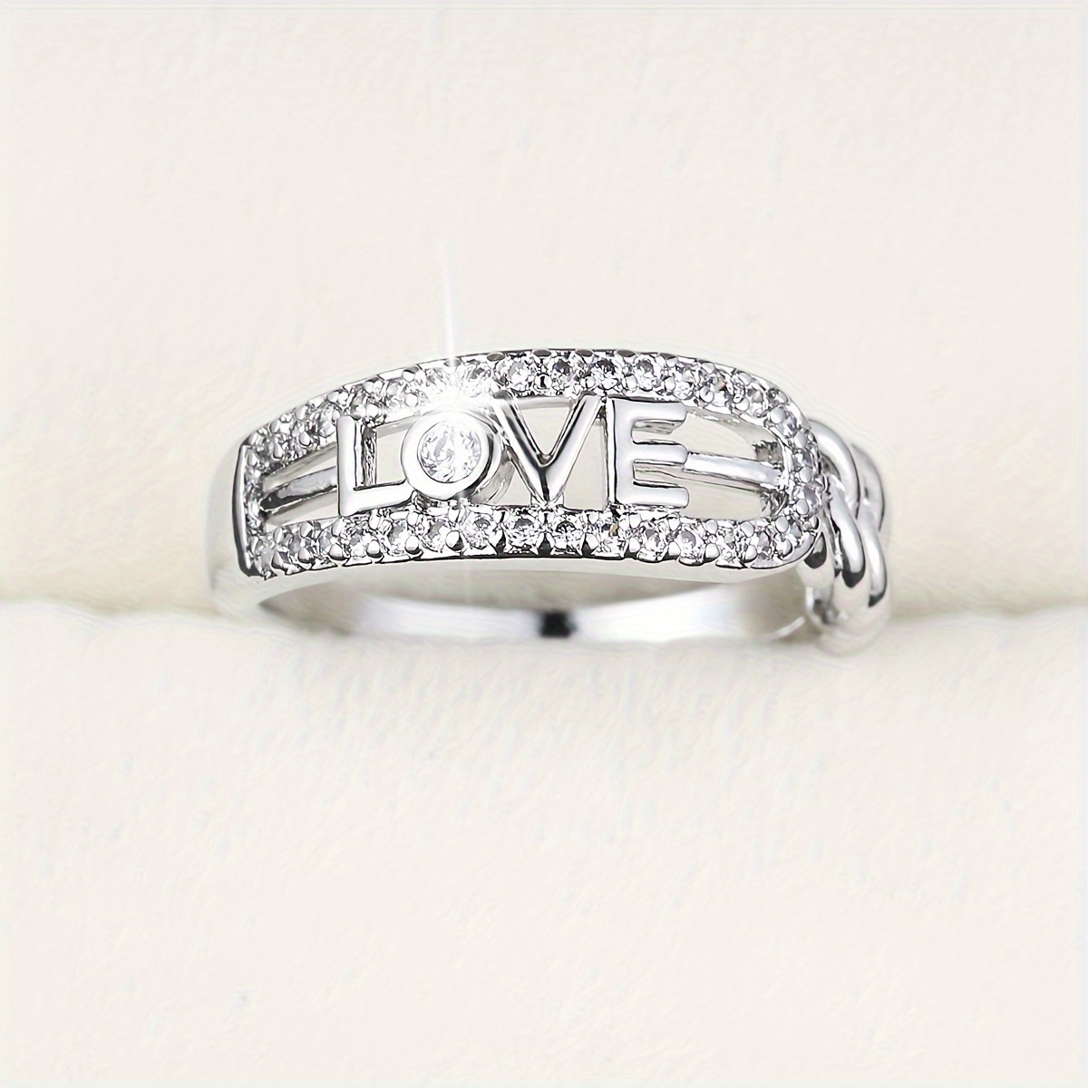 Letter Love Copper Inlaid Zircon Delicate Women's Ring Shiny - Temu ...