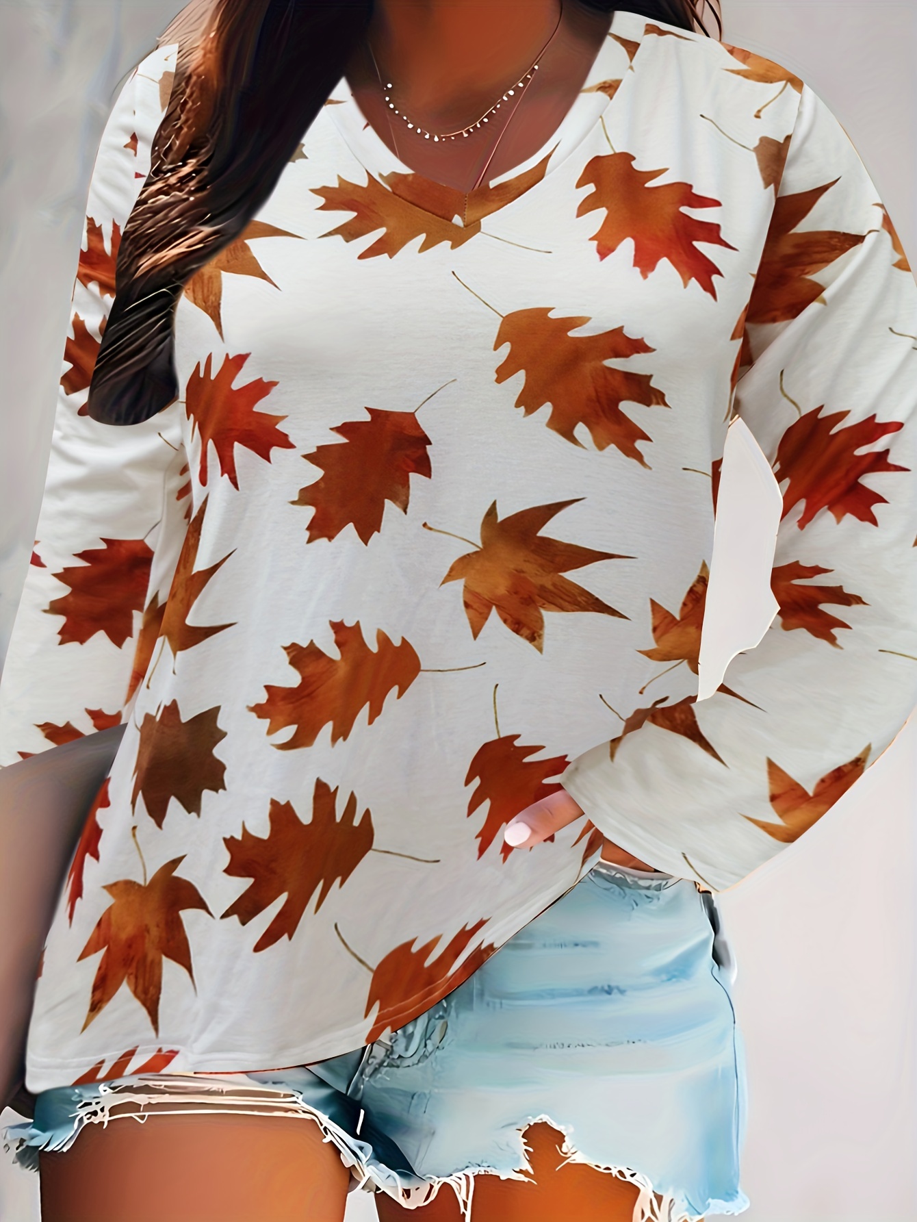 Plus Size Casual Top, Women's Plus Maple Leaf Print Long Sleeve High ...