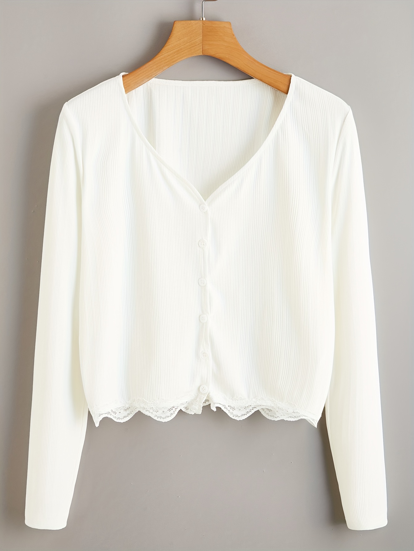 Lace Trim V Neck Button Front T shirt Casual Long Sleeve Top - Temu ...