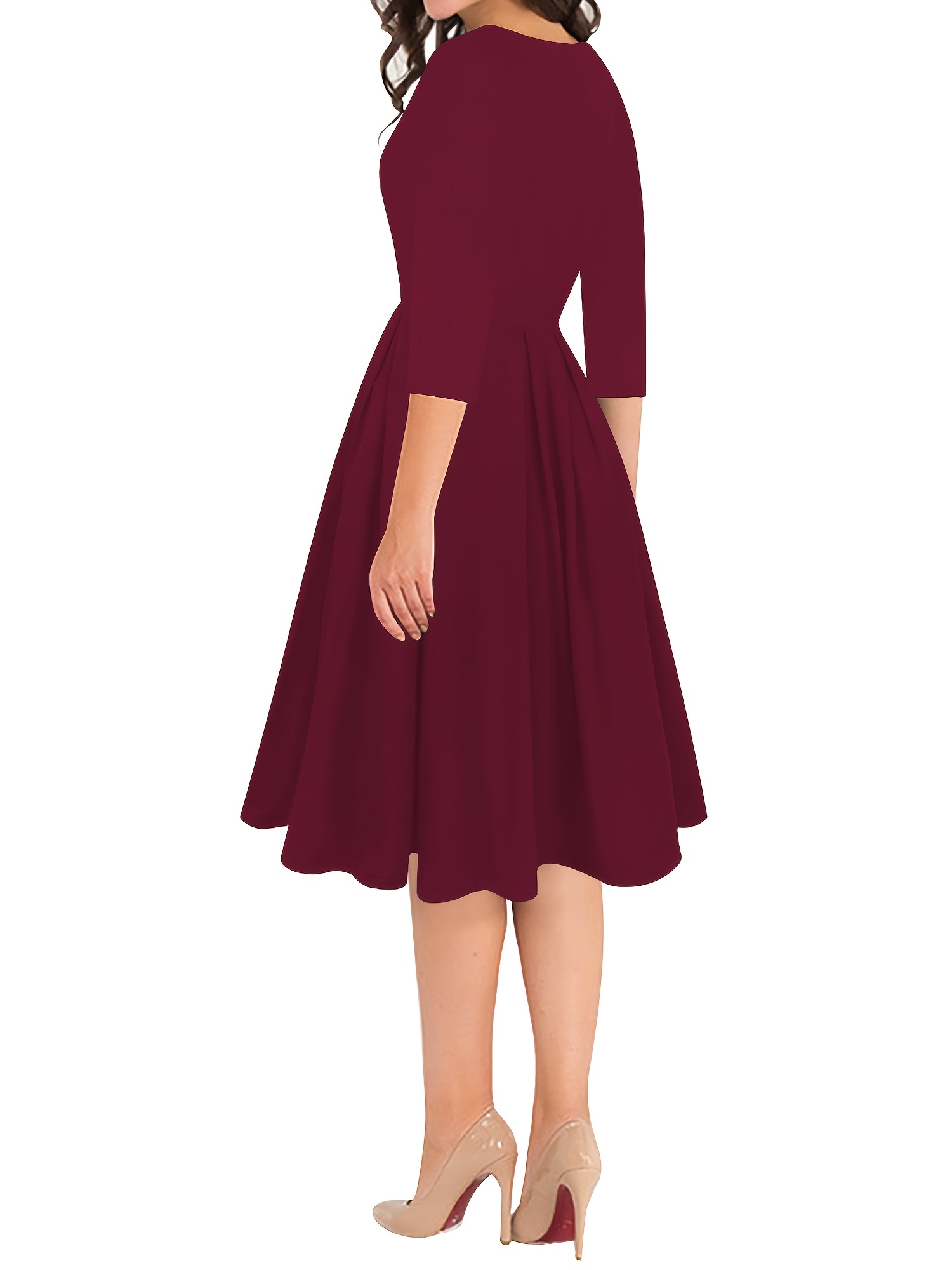 Solid Color Slim Fit Flared A line Swing Dresses Vintage 3/4 - Temu