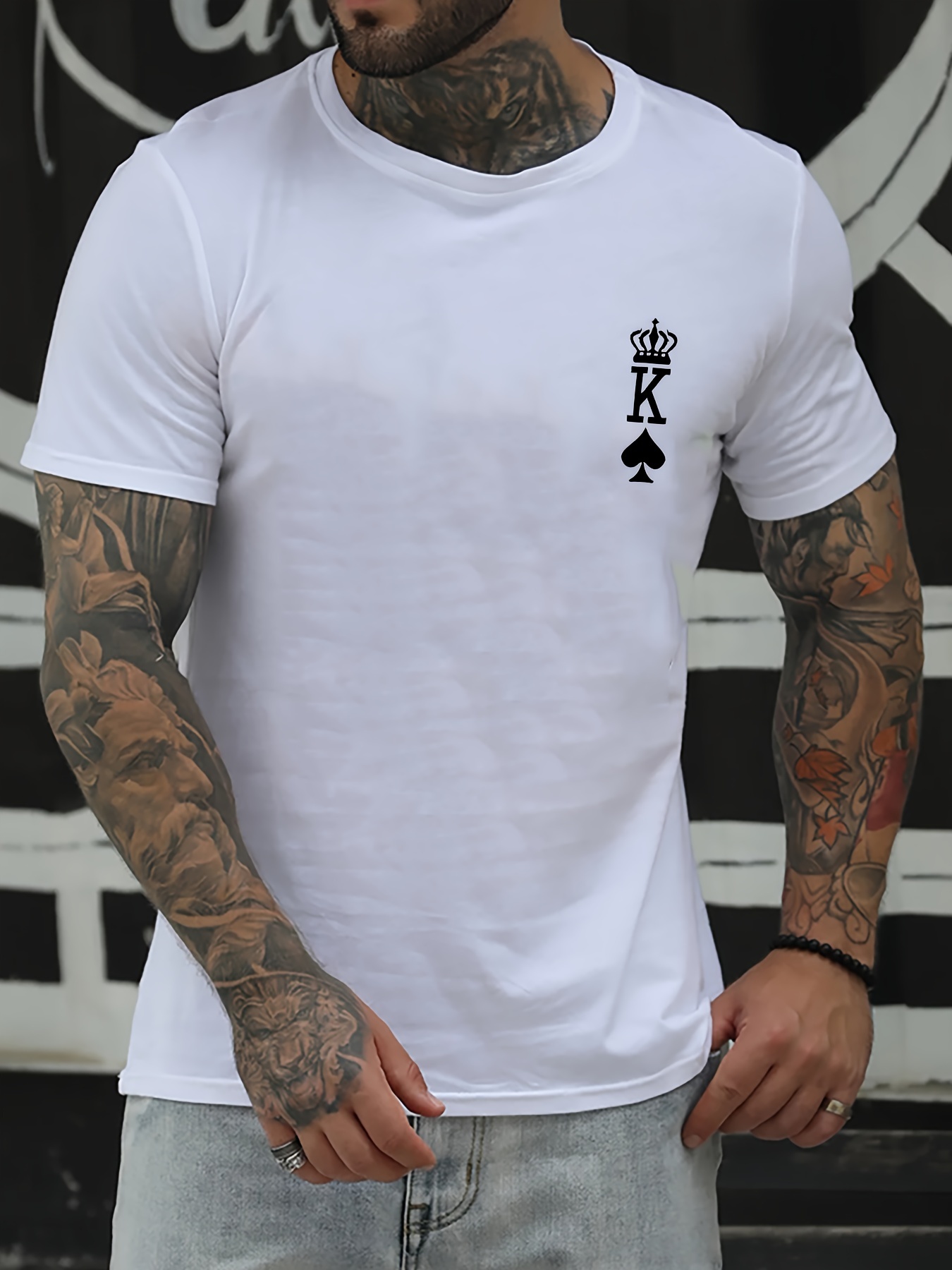 Simple Alphabet K Spade Print Men's Daily Round Neck T shirt - Temu ...