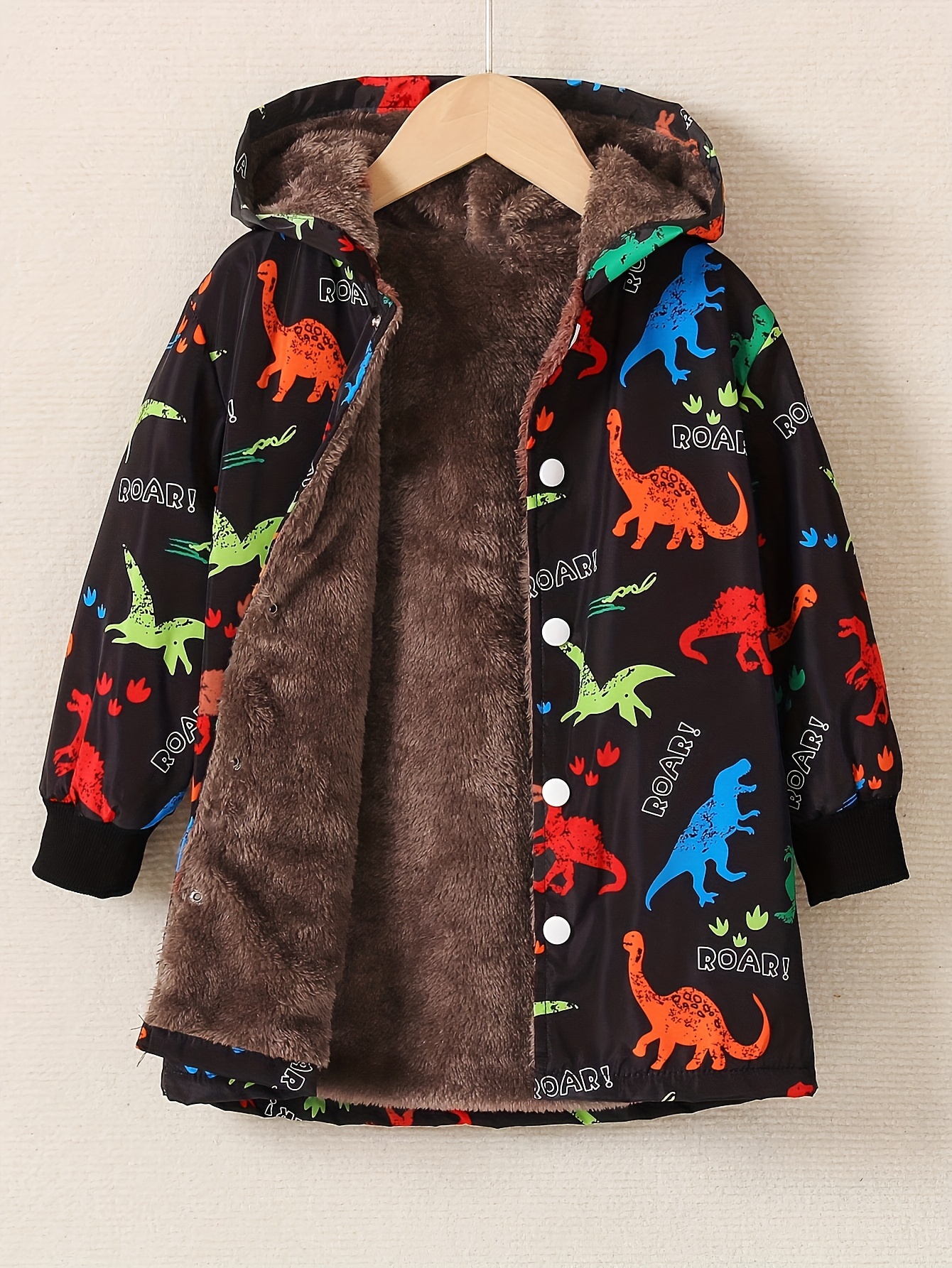 Kid's Dinosaur Allover Print Fleece Lining Coat Warm Button - Temu Ireland