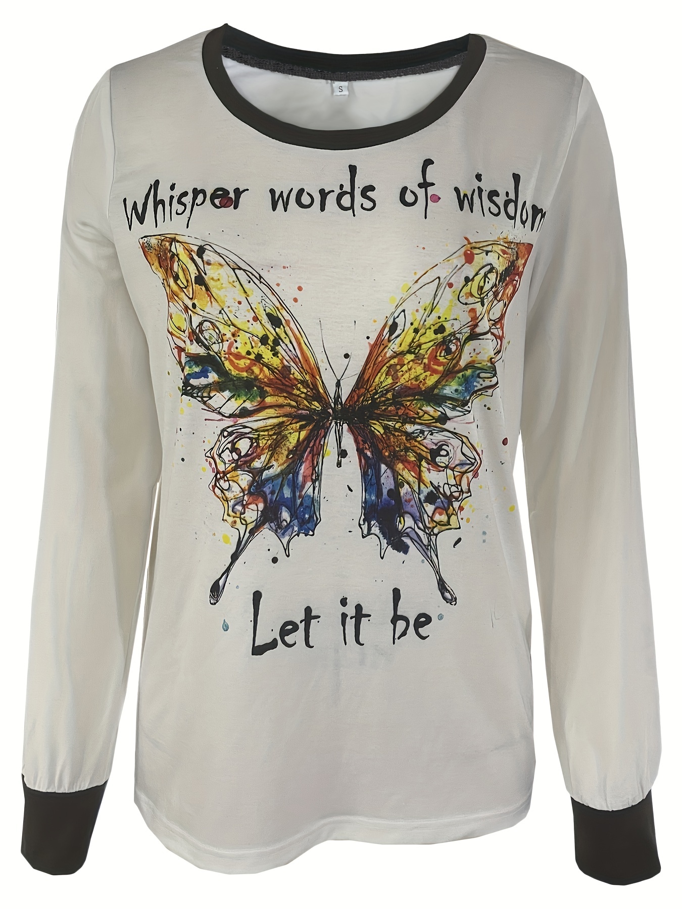 Butterfly Print Contrast Trim T shirt Casual Long Sleeve Top - Temu ...