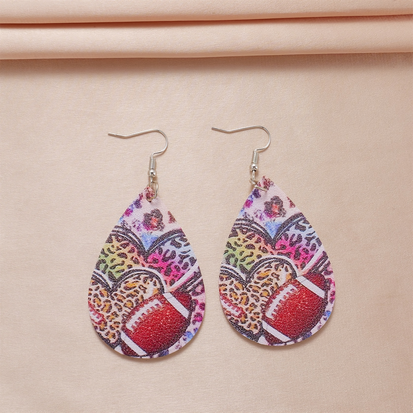 Leopard Print Pu Leather Drop Earrings With Heart & Football Pattern ...