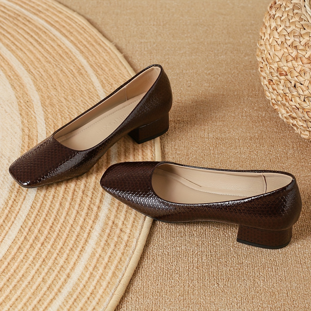 Square Toe Slip Shoes Women s Snakeskin Print Chunky Heels - Temu New ...