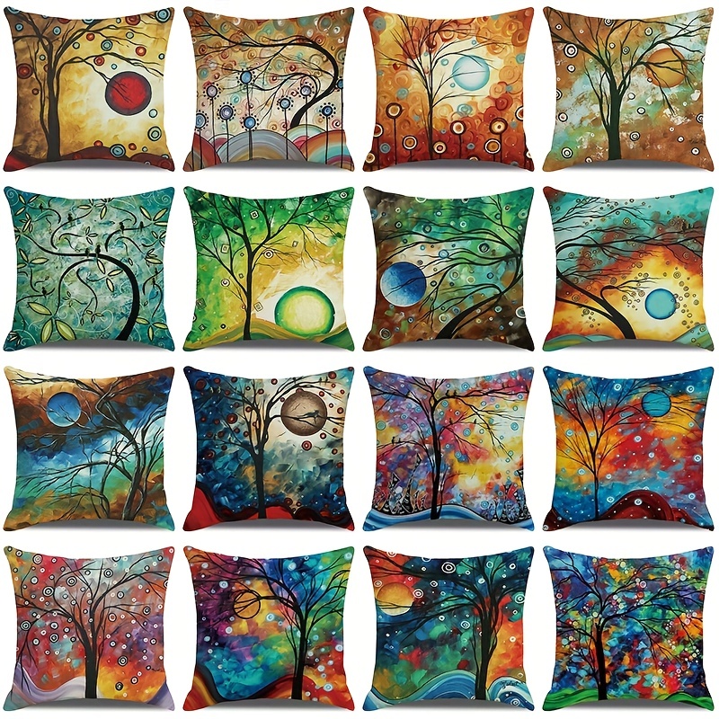 Abstract Oil Painting Trees Linen Blend Throw Pillow Case - Temu Australia