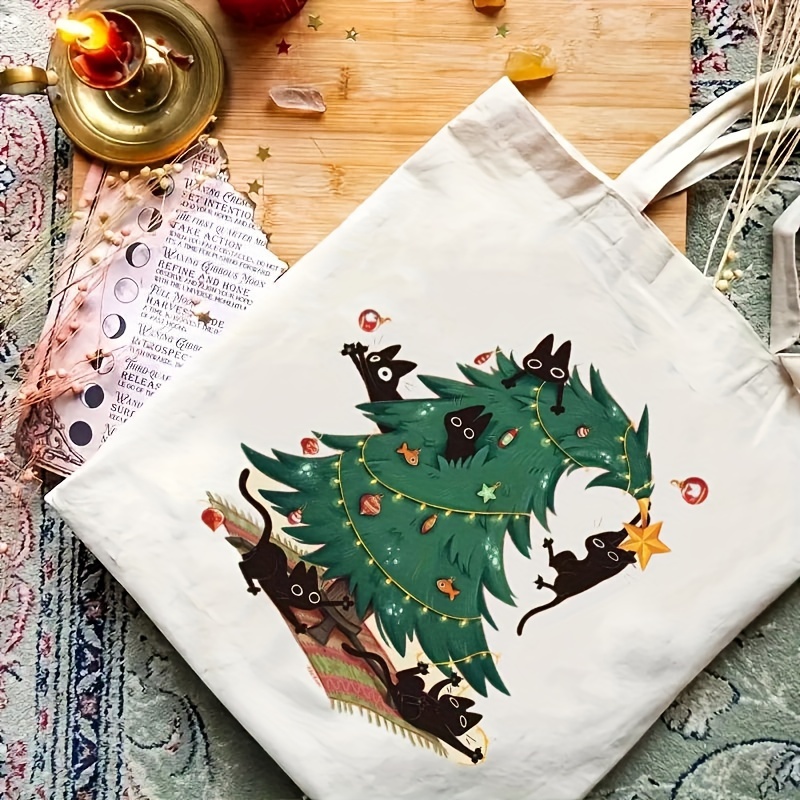 Interesting Lovely Christmas Cat Tree Print Canvas Tote Bag - Temu ...