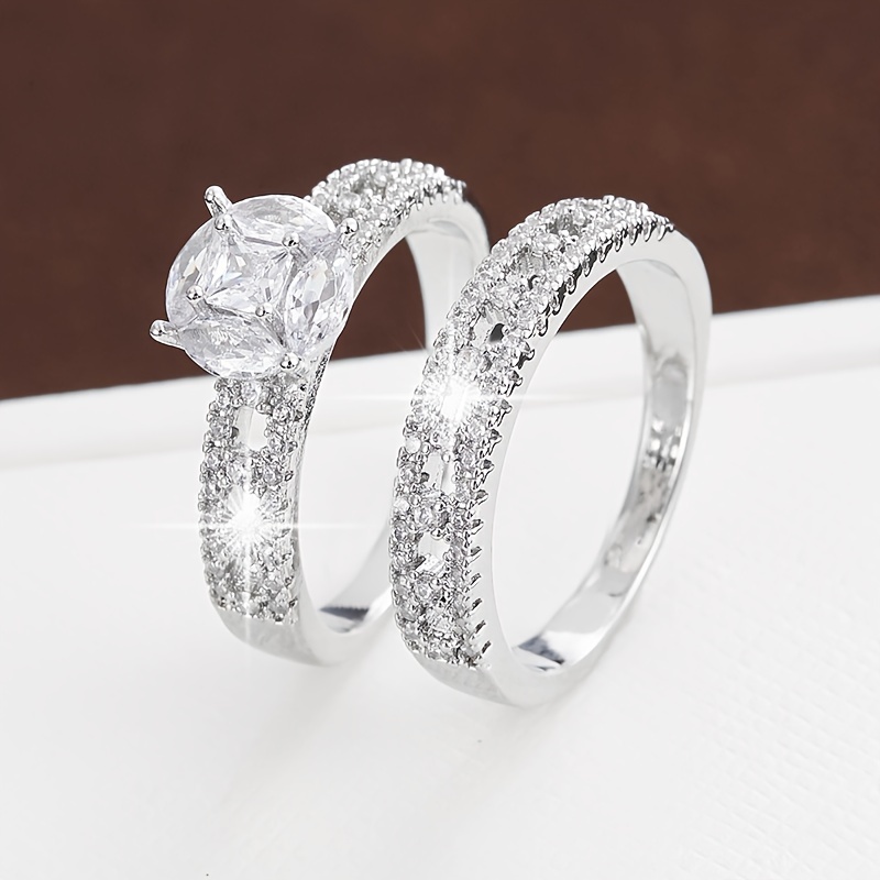 Elegant Couple Rings Paved Shining Zirconia Golden Silvery - Temu ...