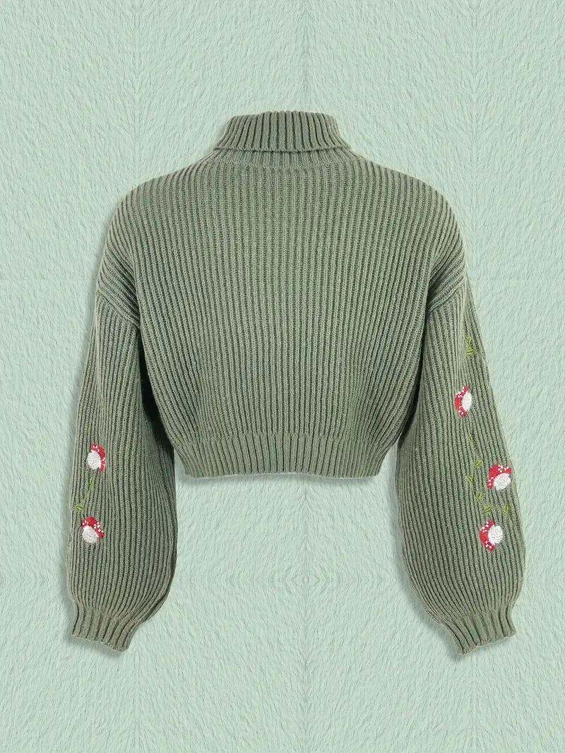 Mushroom Print Turtleneck Knit Sweater Casual Solid Long Temu