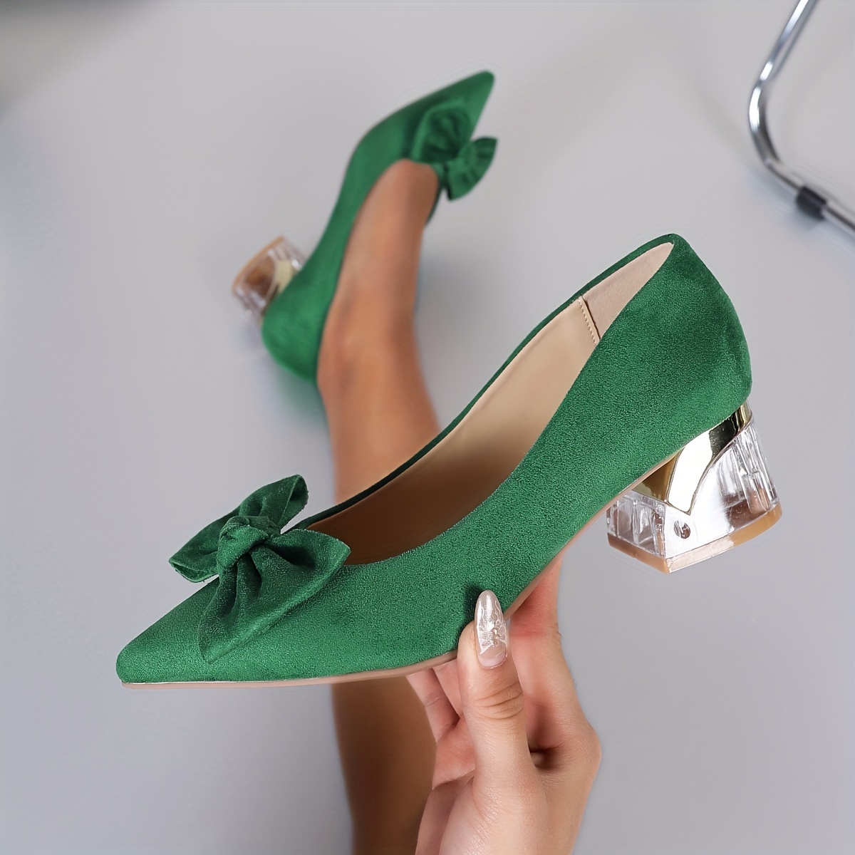 Solid Color Pointed Toe Shoes Women s Bow Chunky Low Heels - Temu Australia