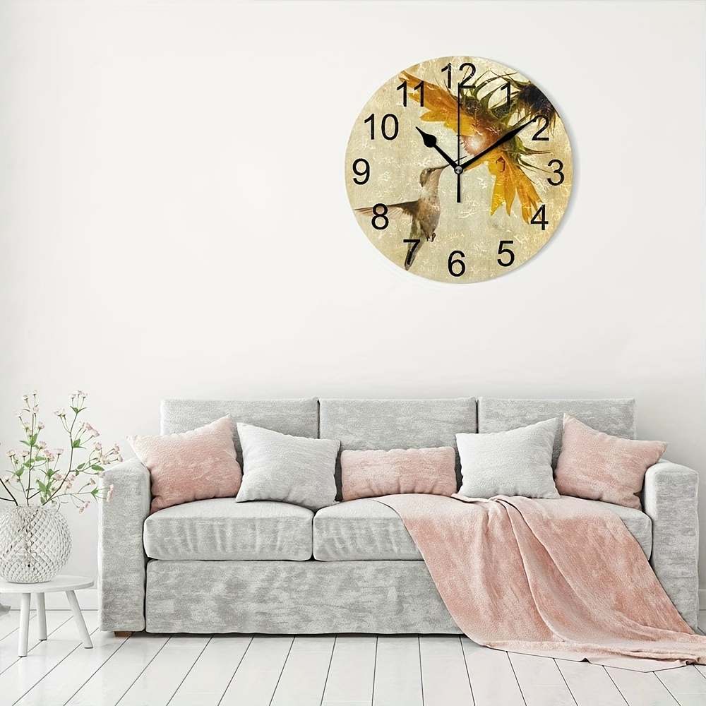 1pc wooden hummingbird round wall clock sunflower silent non ticking ...