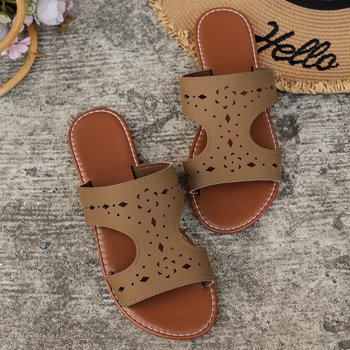 Summer Beach Shoes Women s Perforated Flat Slides Solid - Temu Canada