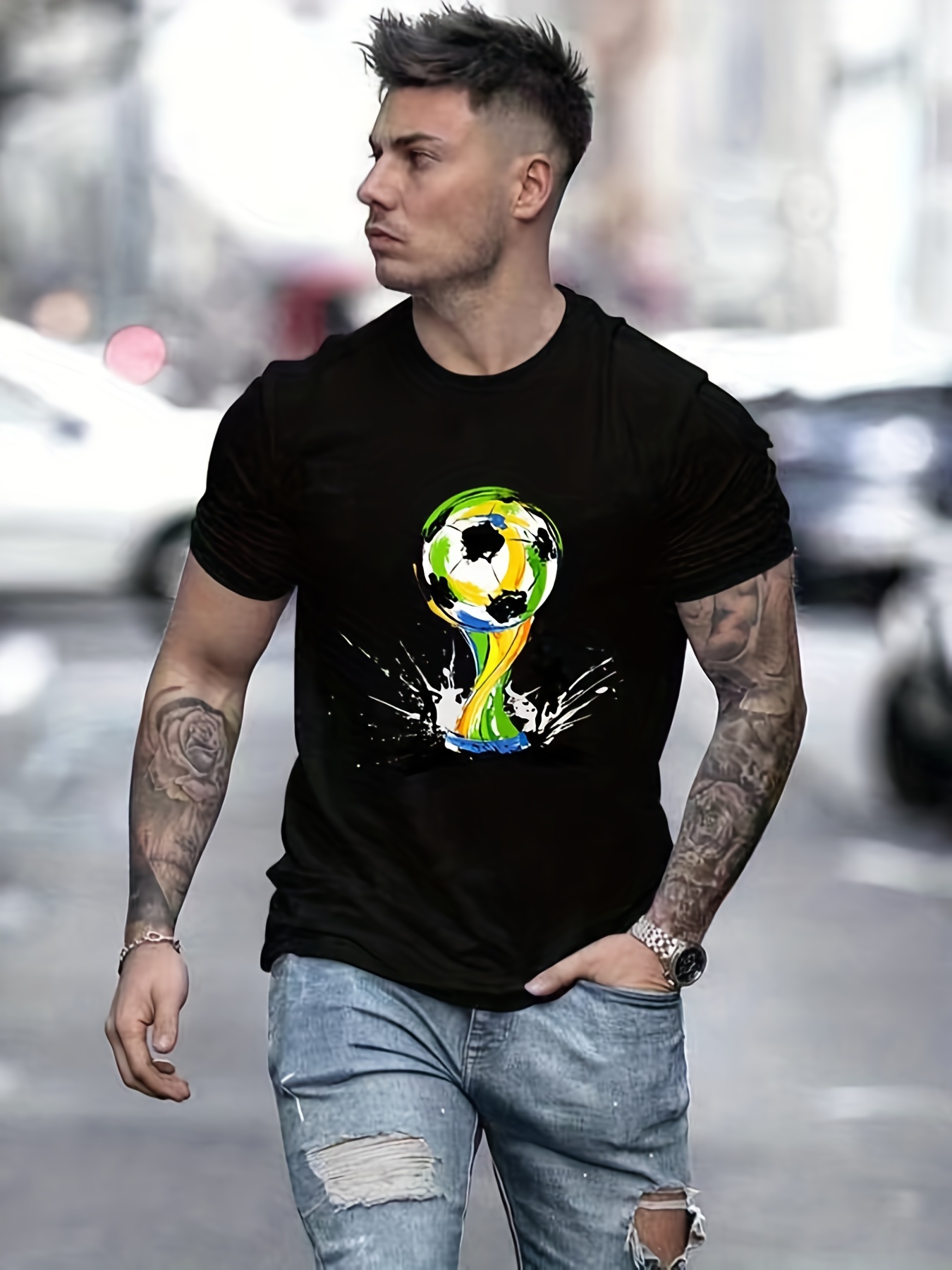 Graphic Design Crew Neck T shirt Football/ Rock Gesture - Temu New Zealand
