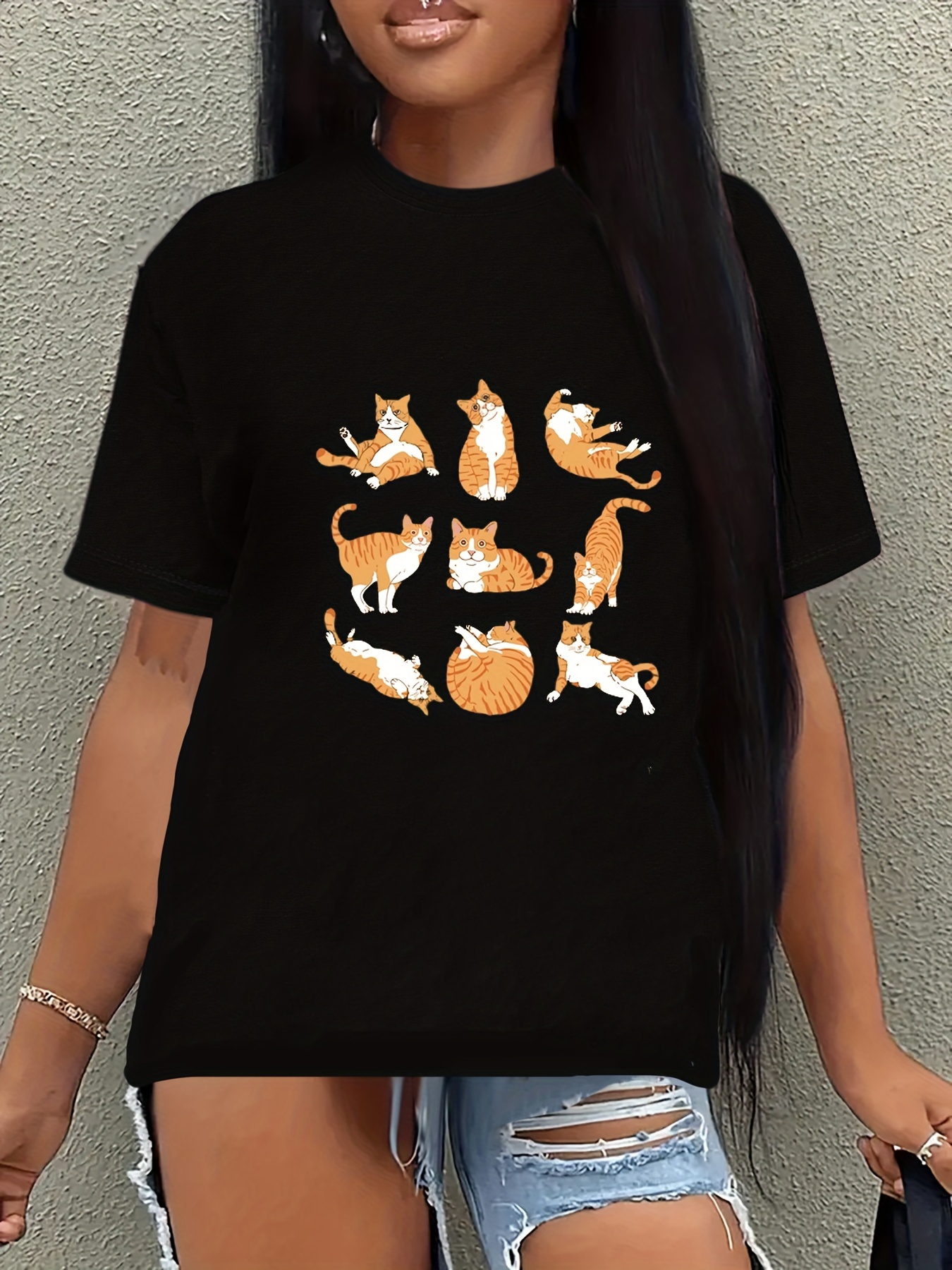 Cats Print T shirt Plus Size Casual Short Sleeve Top Spring - Temu ...