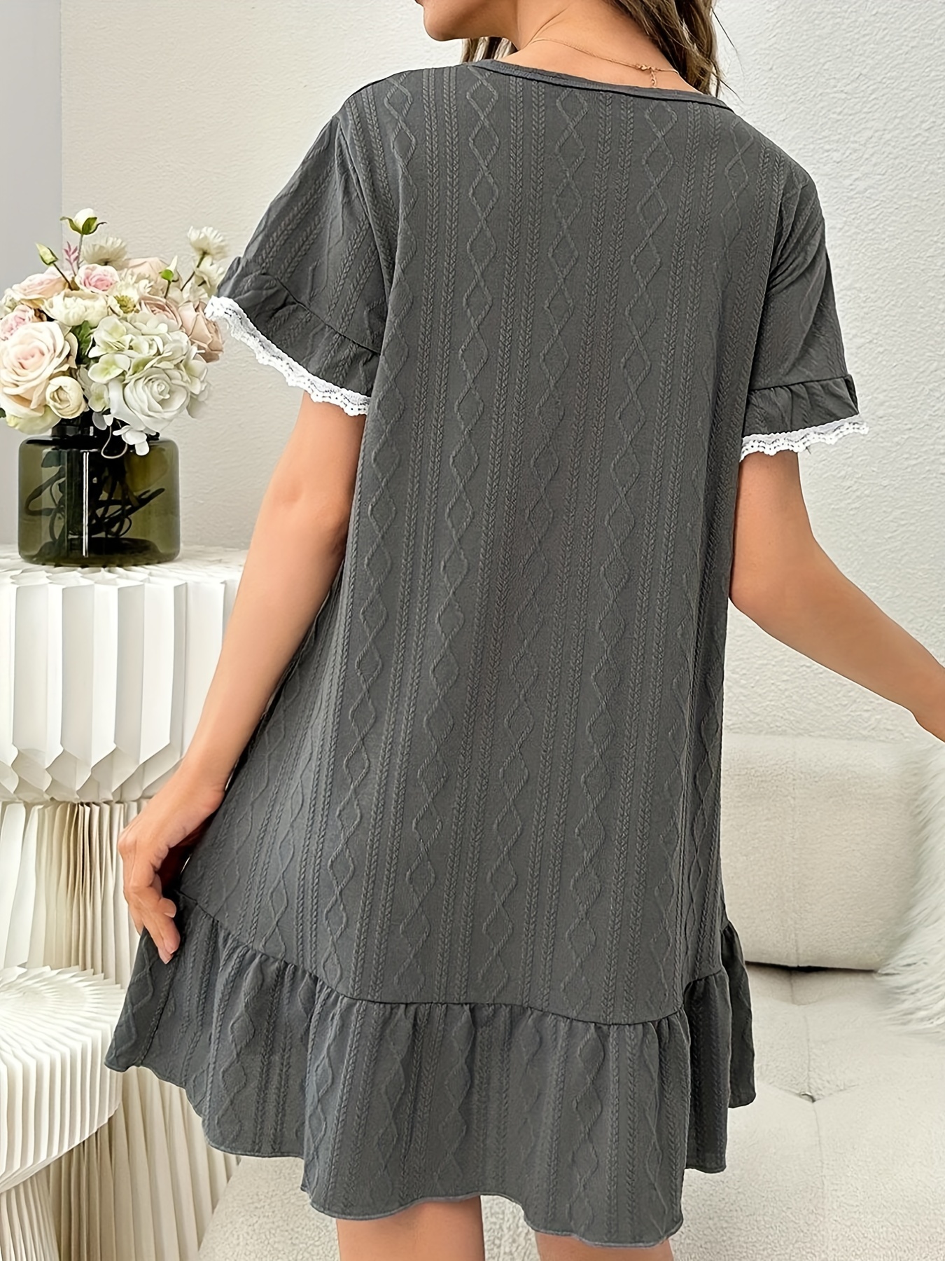 Argyle Textured Lounge Dresses Casual Lace Trim Short Sleeve - Temu ...
