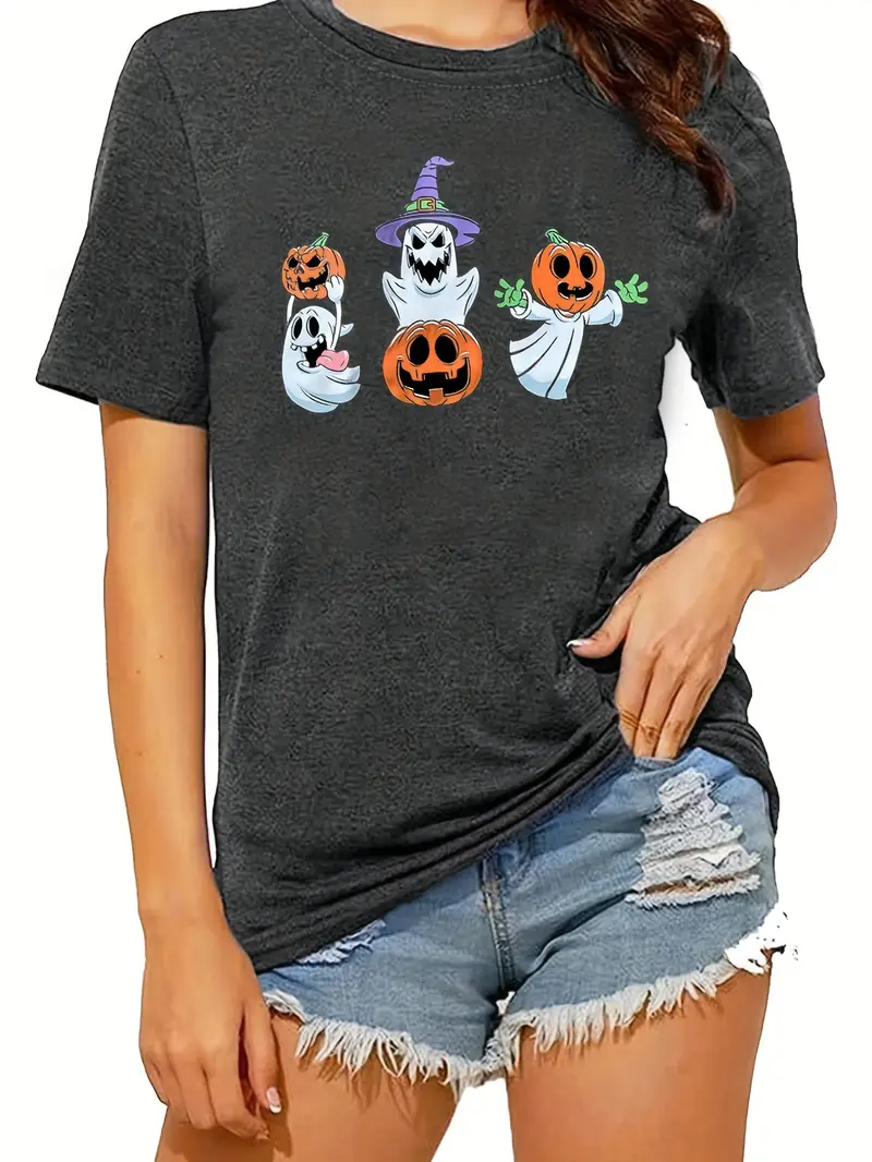 تي شيرت مطبوع عليه Halloween Ghost ، تي شيرت كاجوال بأكمام Temu Saudi