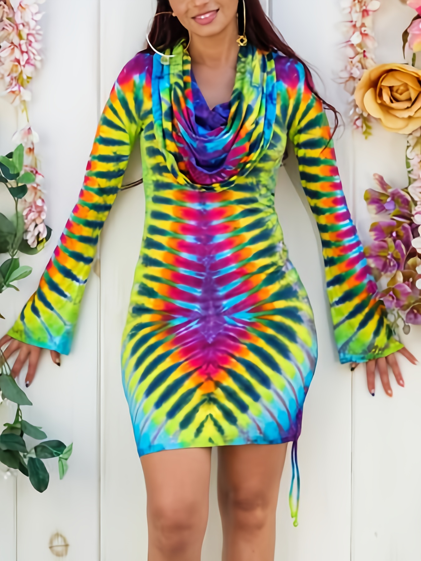 tie dye print mini dress long sleeve bodycon casual dress - Temu Australia