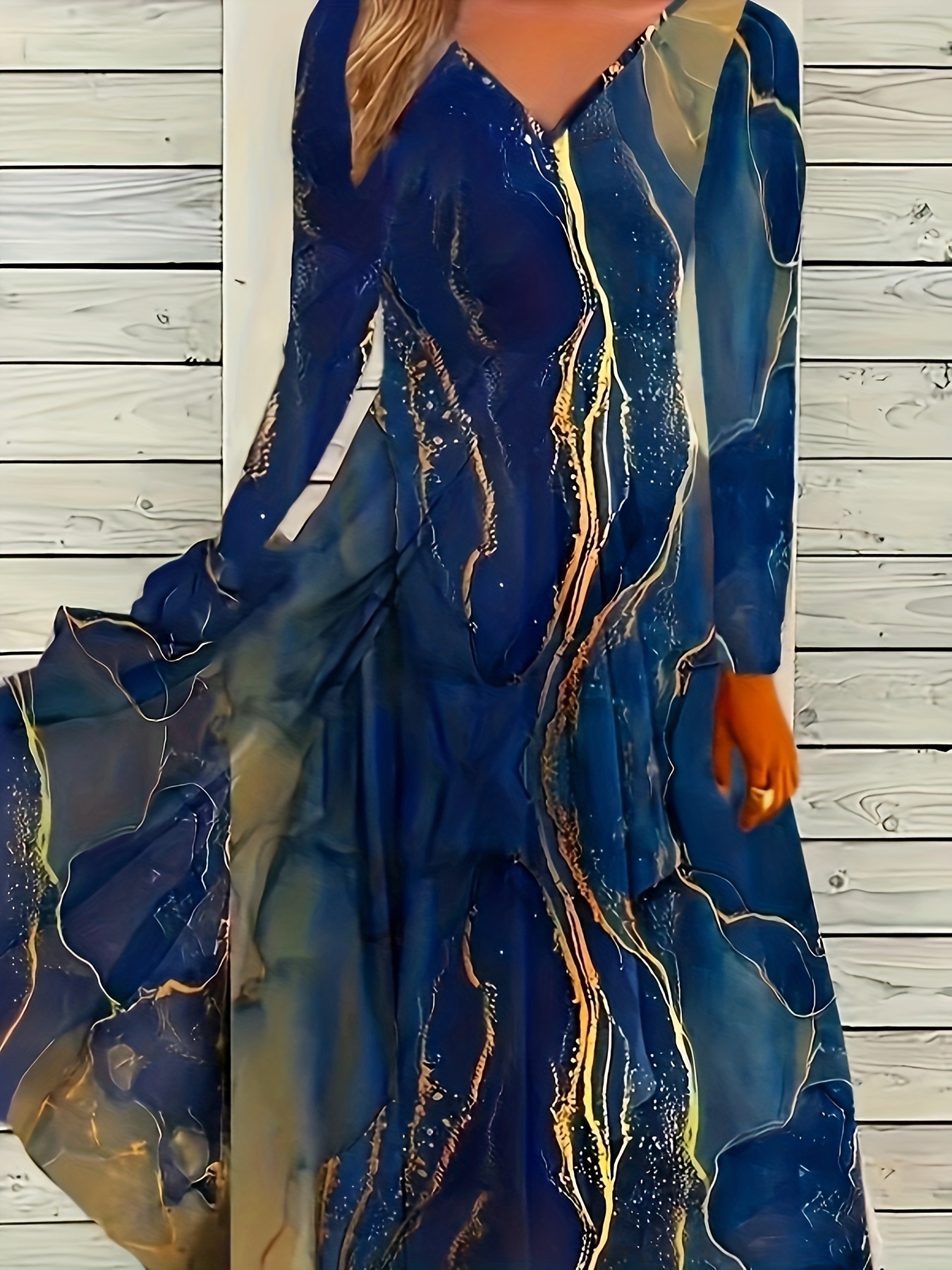 Marble Print Maxi Dress Casual V Neck Long Sleeve Dress - Temu Australia