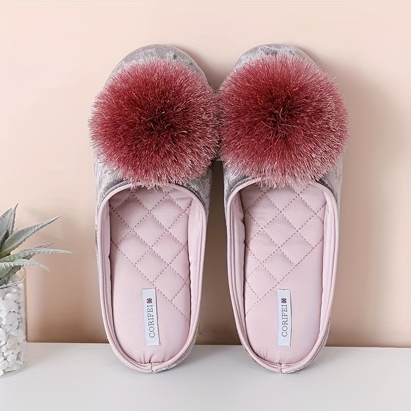 Womens Fluffy Pom Pom House Slippers Super Soft Closed Toe - Temu ...