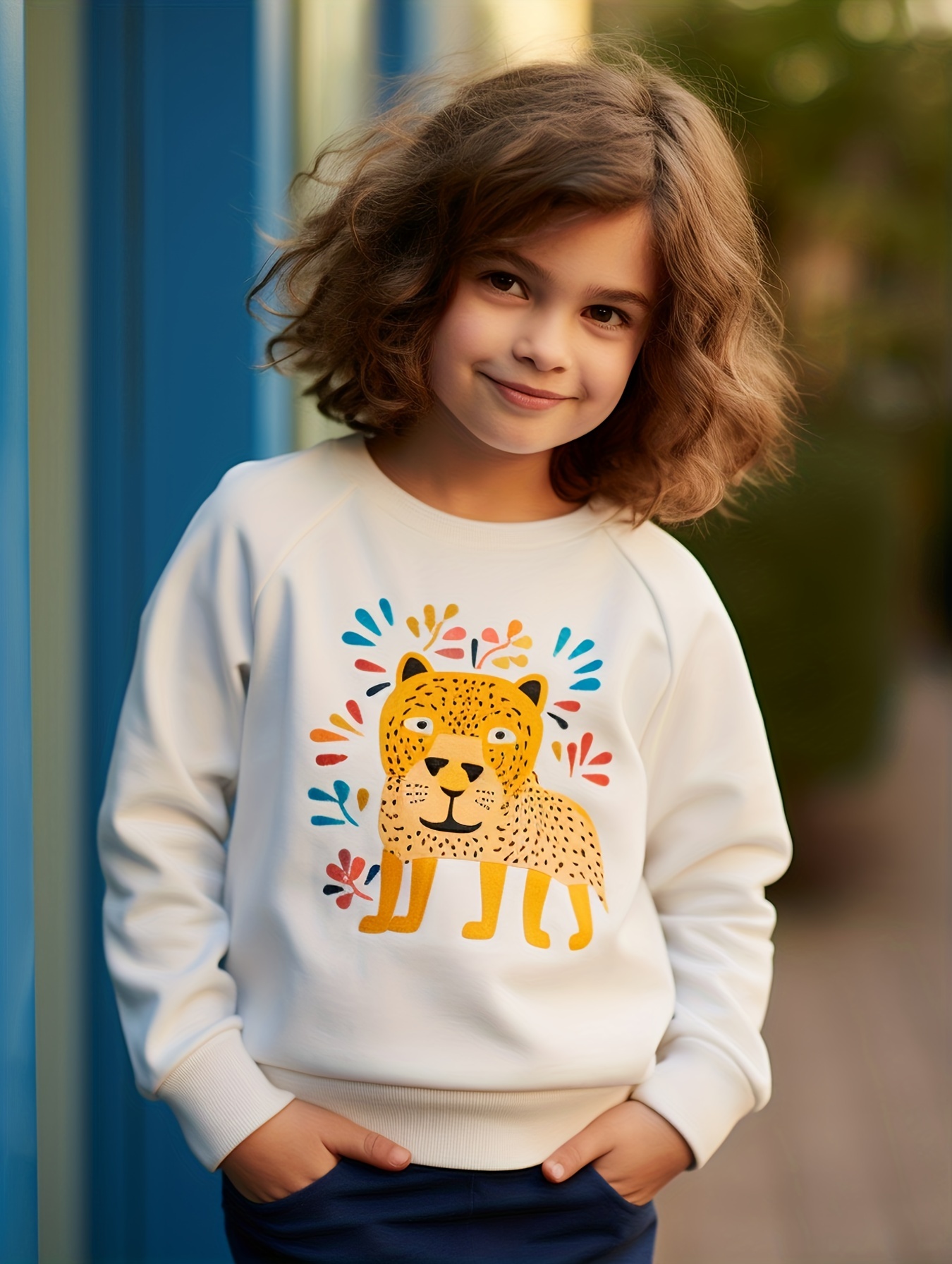 Boys/ Girls Round Neck Sweatshirt Colorful Cat And Plants Pattern ...