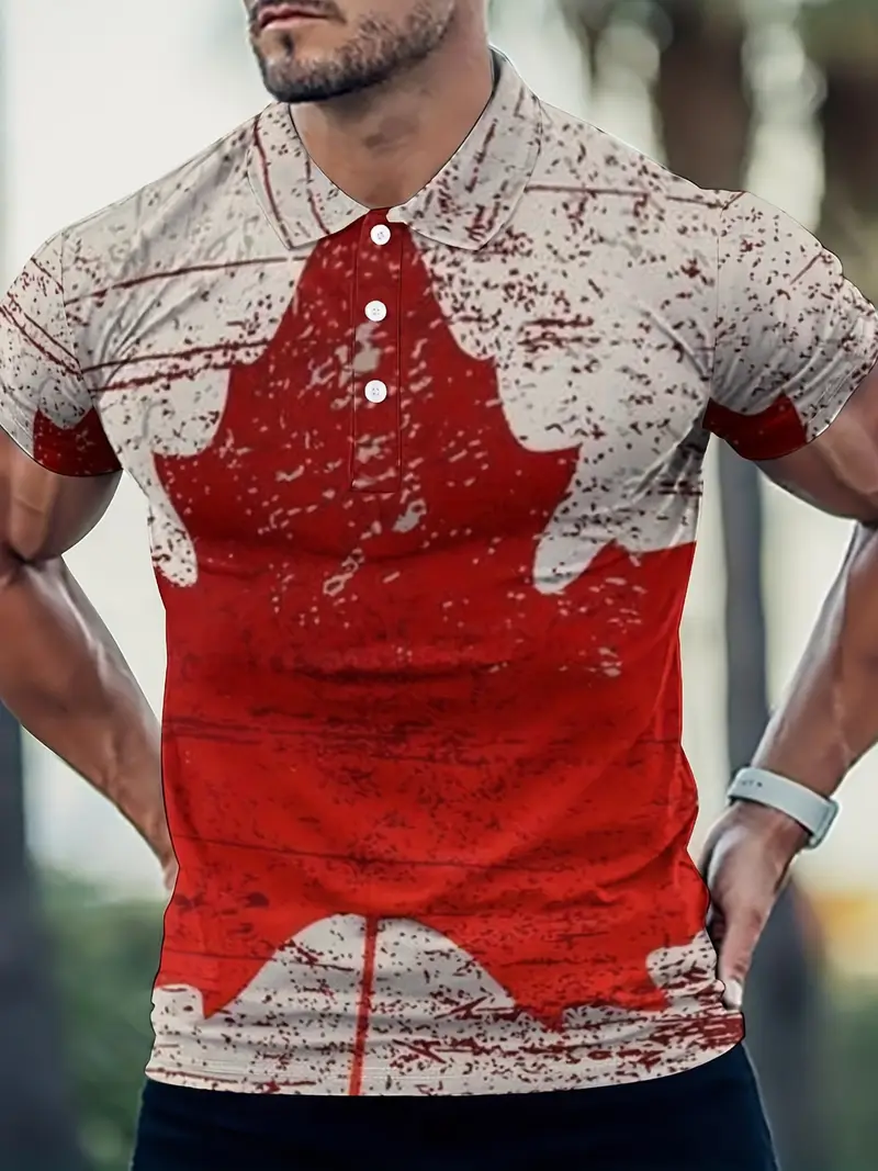 Maple Pattern Casual Slightly Stretch Button Up Short Sleeve Polo Shirt