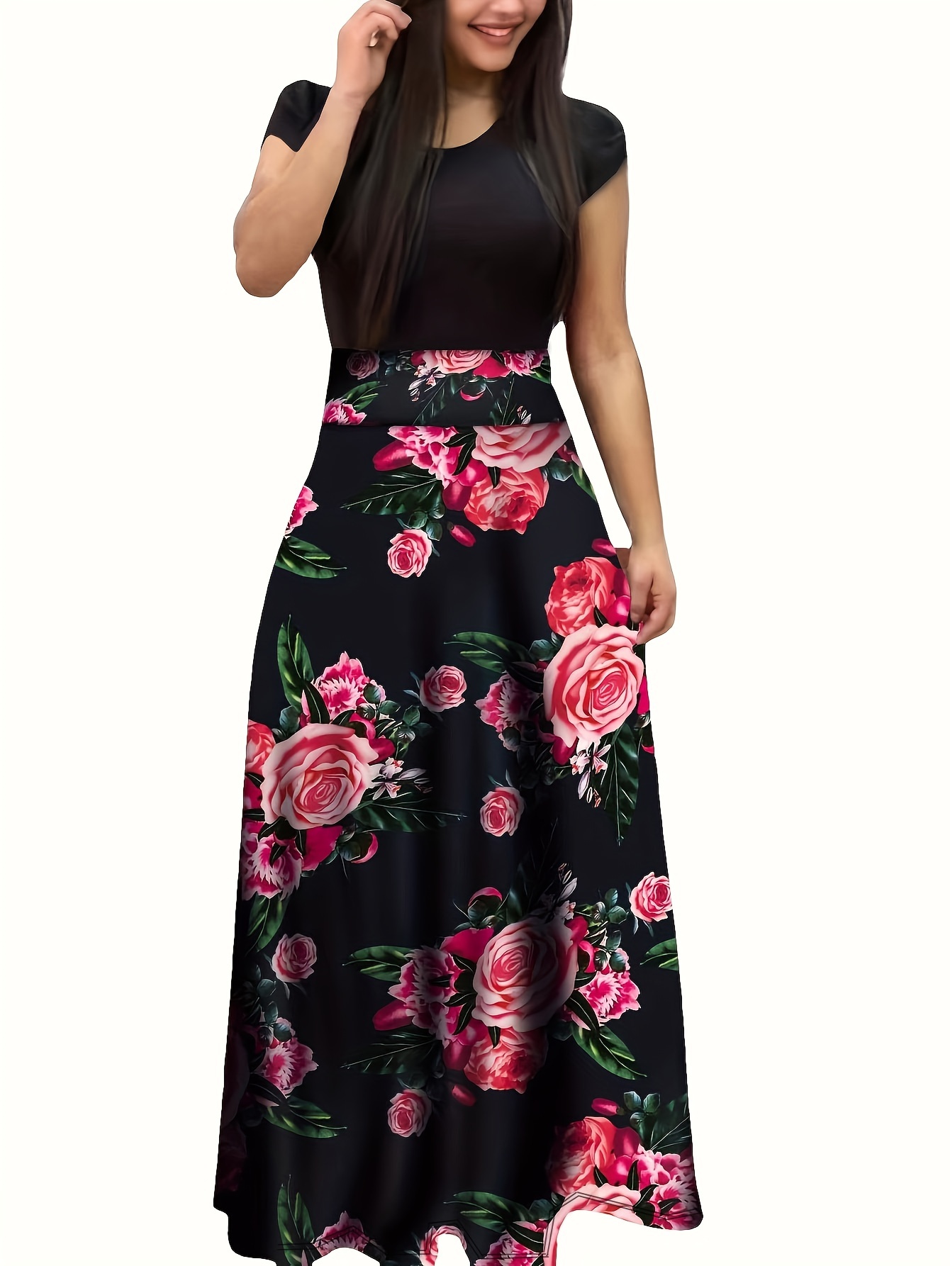 Floral Print Splicing Dress Elegant Crew Neck Short Sleeve - Temu