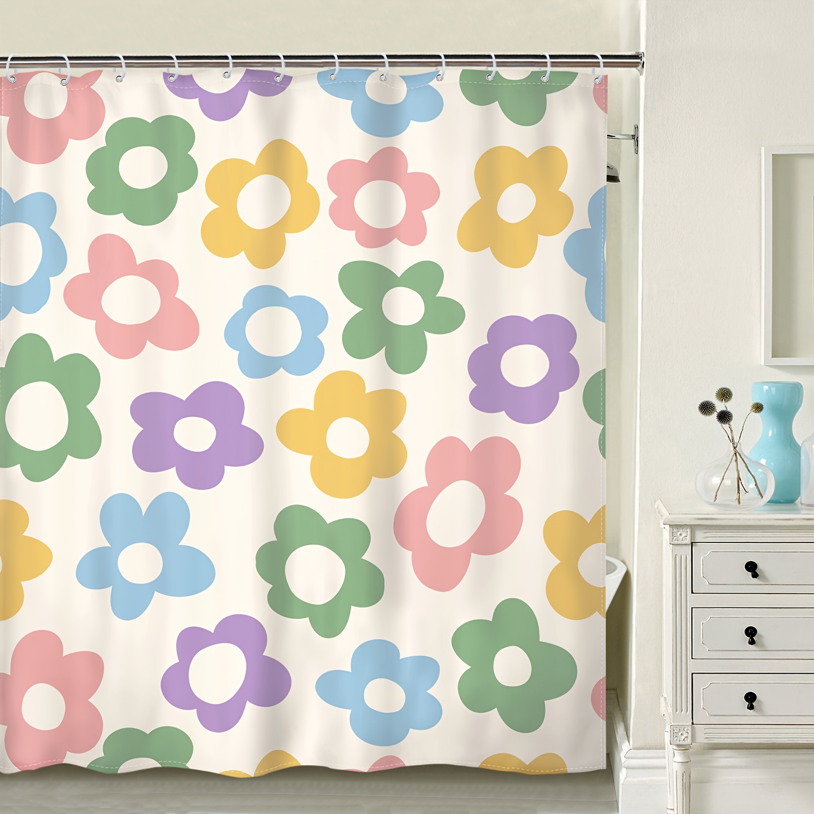 Cute Retro Flower Shower Curtain Bathroom Danish Pastel - Temu Ireland