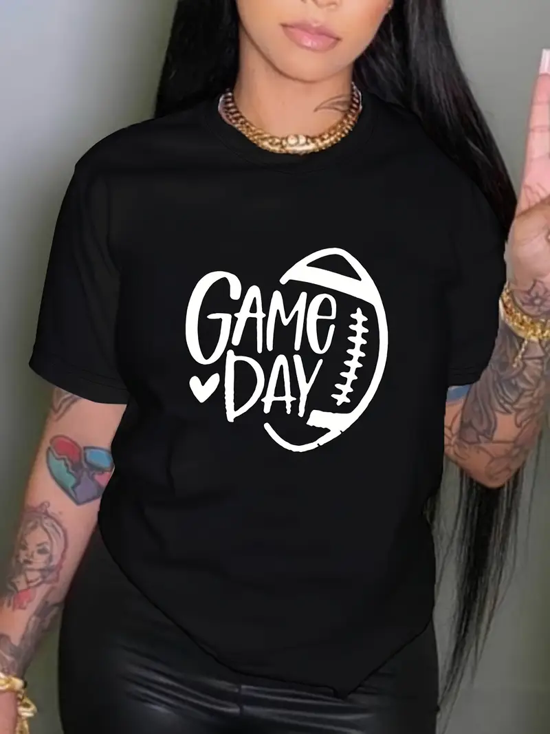 レター&ラグビープリントクルーネックtシャツ、春夏用カジュアル半袖トップス、婦人服 Temu Japan