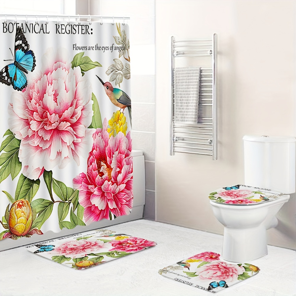Butterfly Peony Printed Shower Curtain Set Decorative - Temu Australia