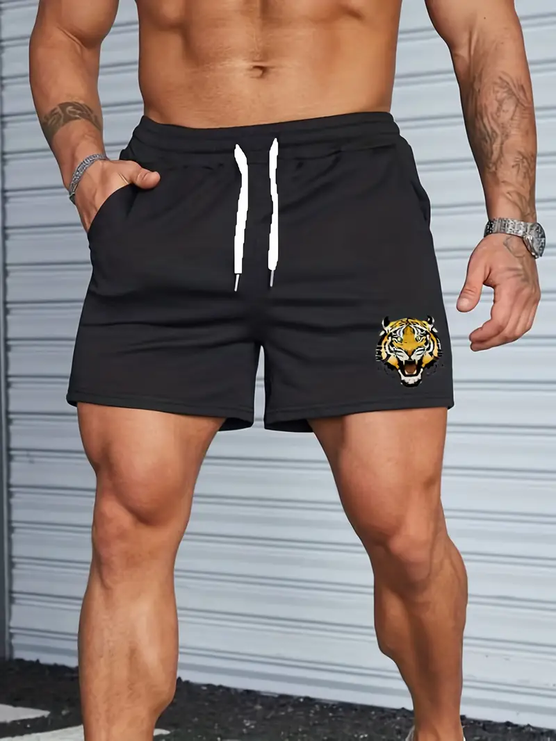 Mens Casual Tiger Graphic Elastic Drawstring Plain Color Temu New