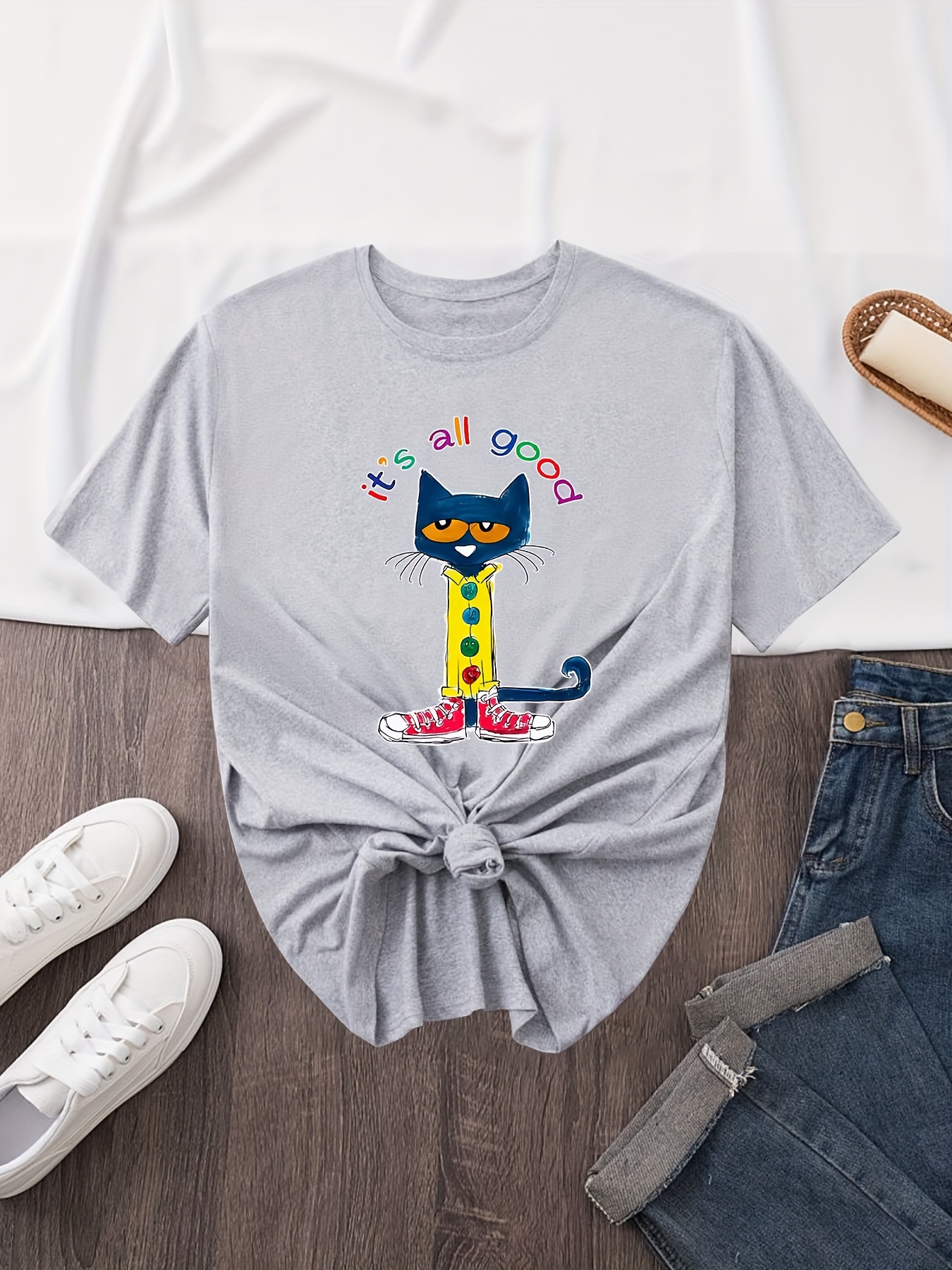 Cat Letter Print T shirt Plus Size Casual Short Sleeve Top - Temu Canada